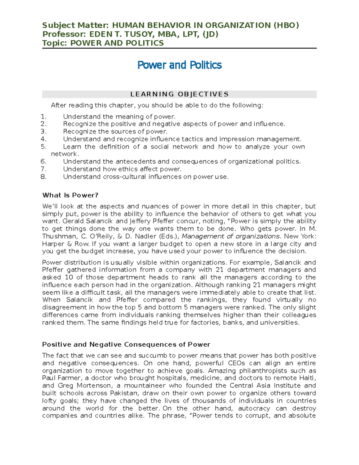 HBO: Module No. 5 - Professor: EDEN T. TUSOY, MBA, LPT, (JD) Topic ...