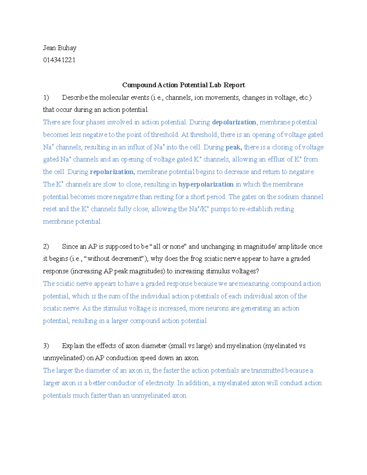 Compound Action Potential Lab Report Questions - Jean Buhay 014341221 ...