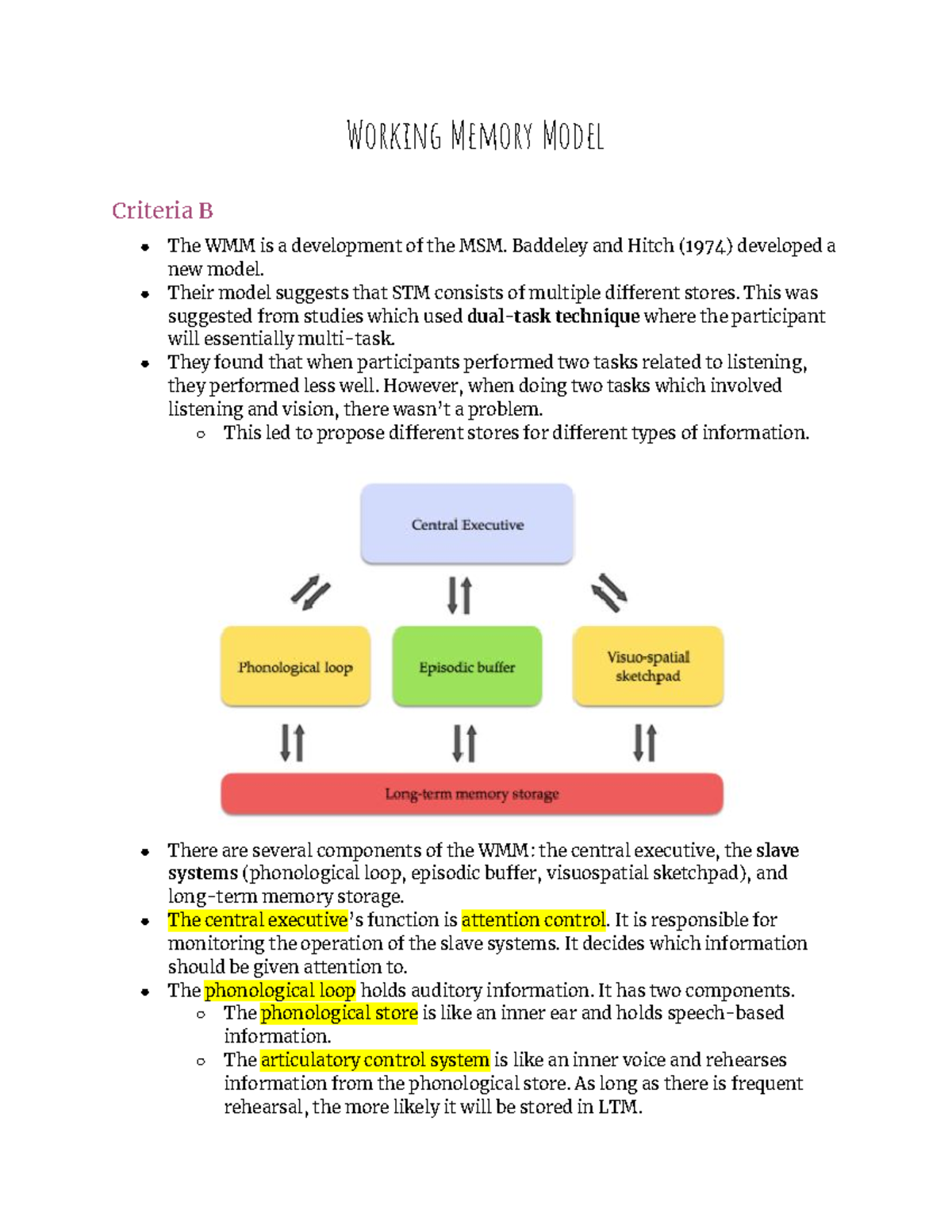 Wmm-note-taking - working memory model - Working Memory Model Criteria ...