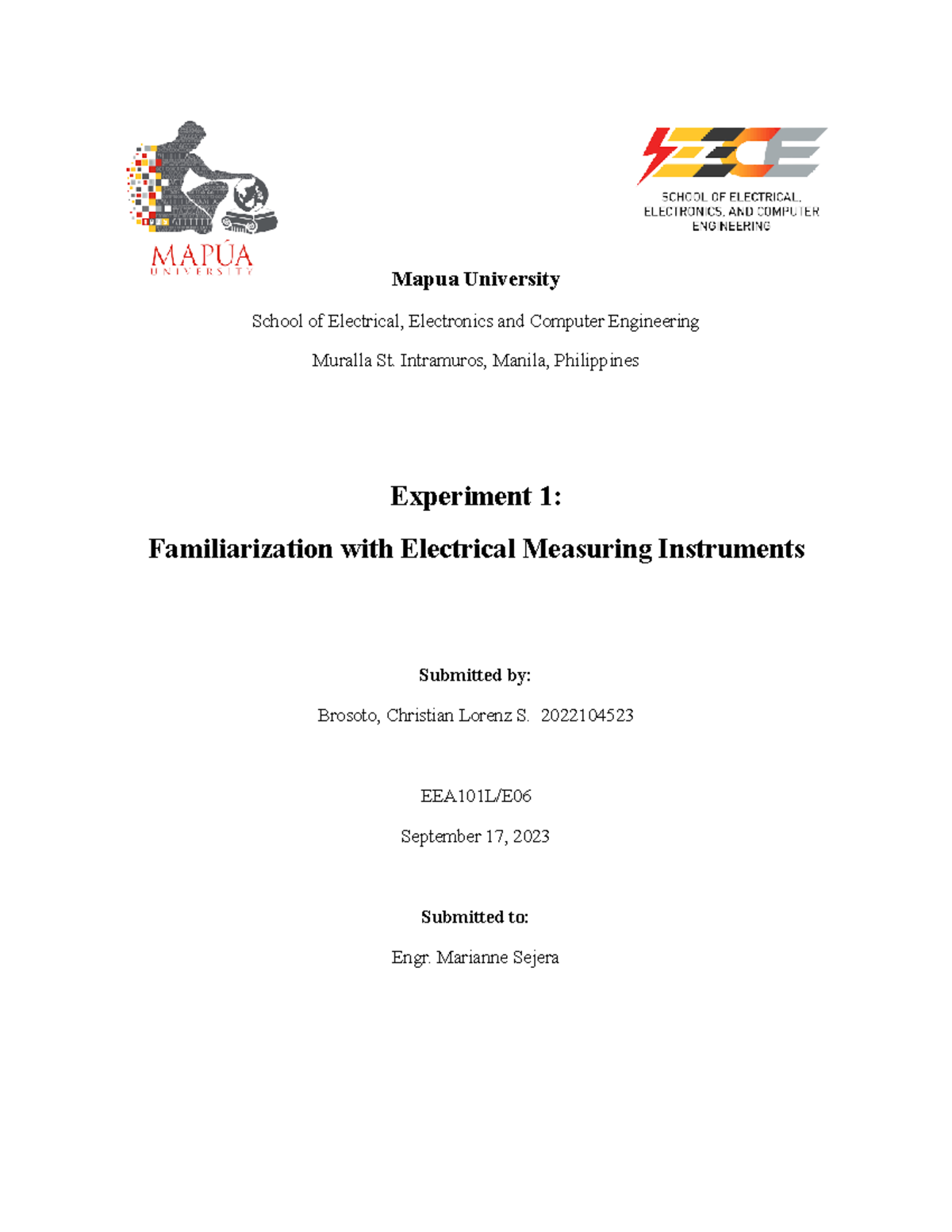 Lab Report Experiment 1 -Brosoto - Mapua University School of ...