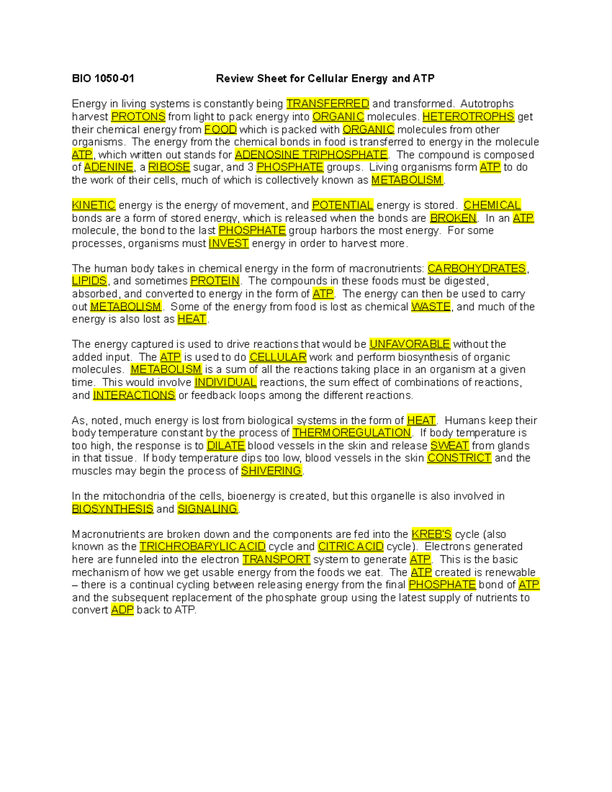 BIO1050- Cellular Energy AND ATP Review Sheet - BIO 1050-01 Review ...