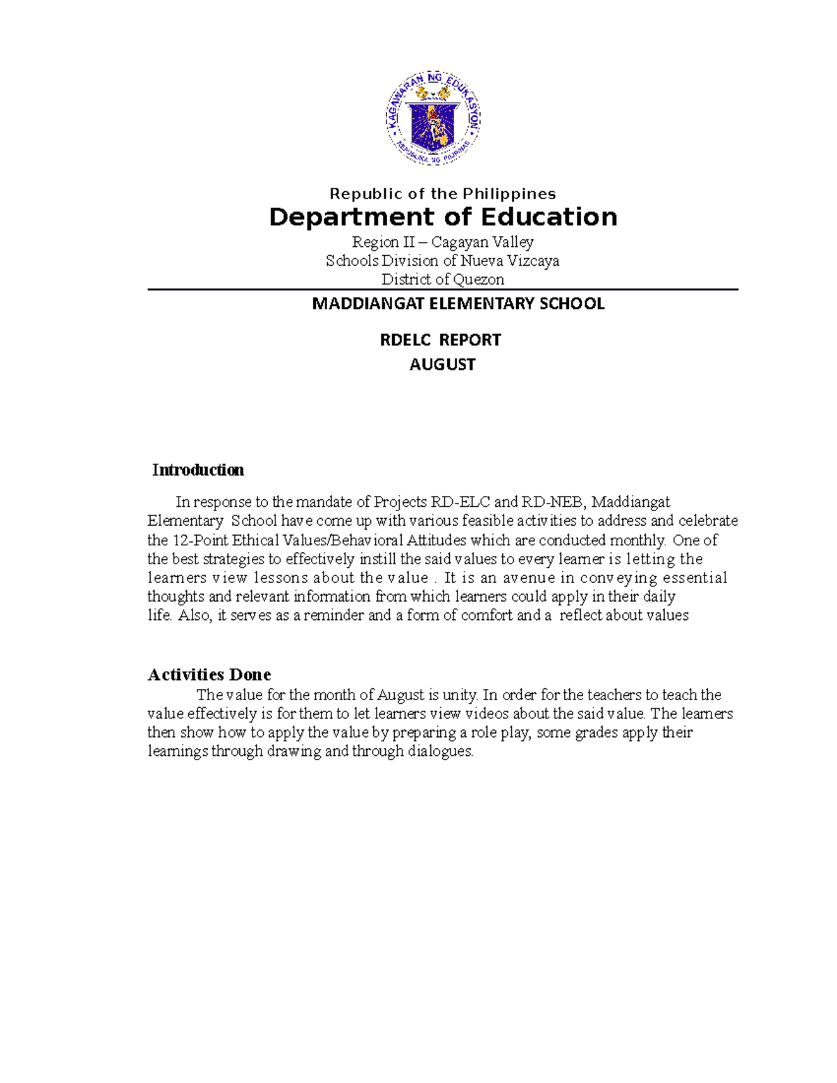 Accomplishment report Rdelc - Republic of the Philippines Department of ...