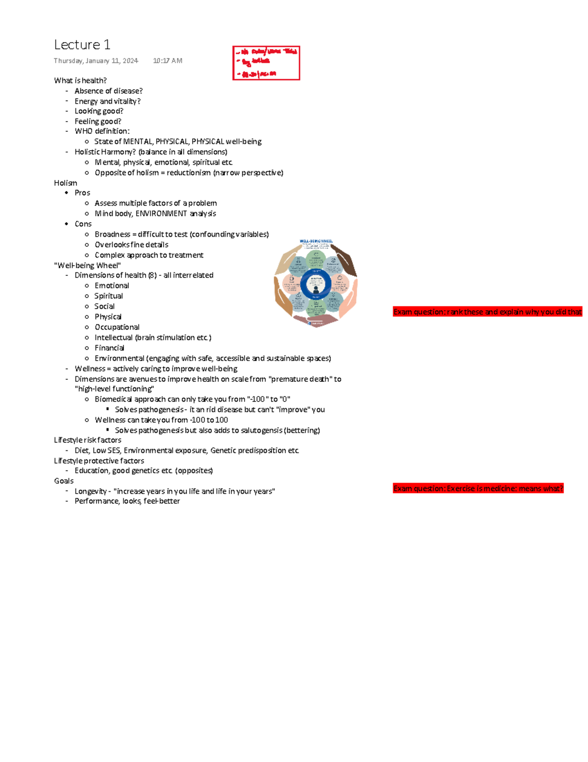 Kin L1 - lec 1 - What is health? - Absence of disease? - Energy and vitality? - Looking good ...