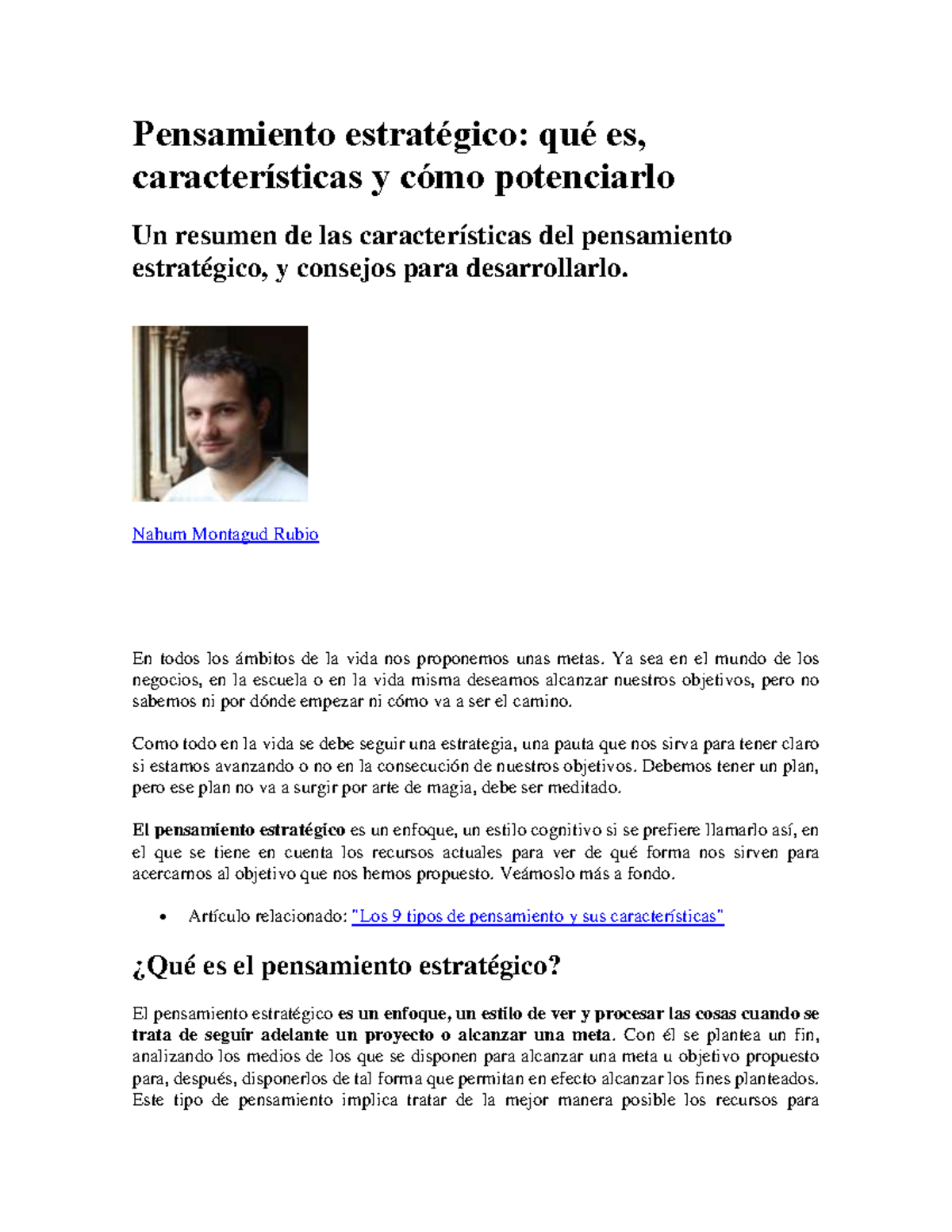 Lectura N°2 - Pensamiento estrategico. - Pensamiento estratégico: qué es, características y cómo ...