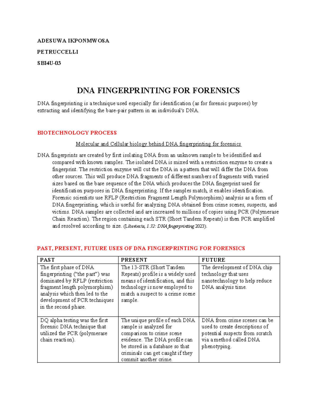 DNA Fingerprinting FOR Forensics - ADESUWA IKPONMWOSA PETRUCCELLI SBI4U ...