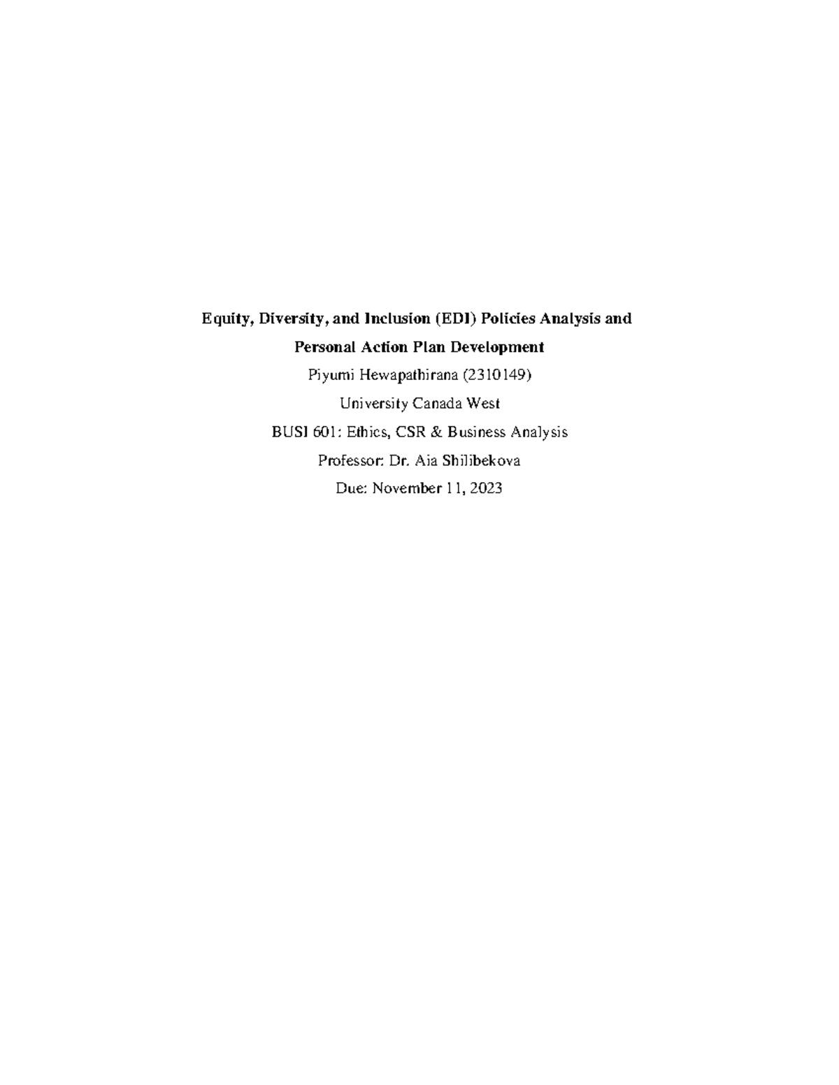 EDI Individual Assignment - Equity, Diversity, and Inclusion (EDI ...