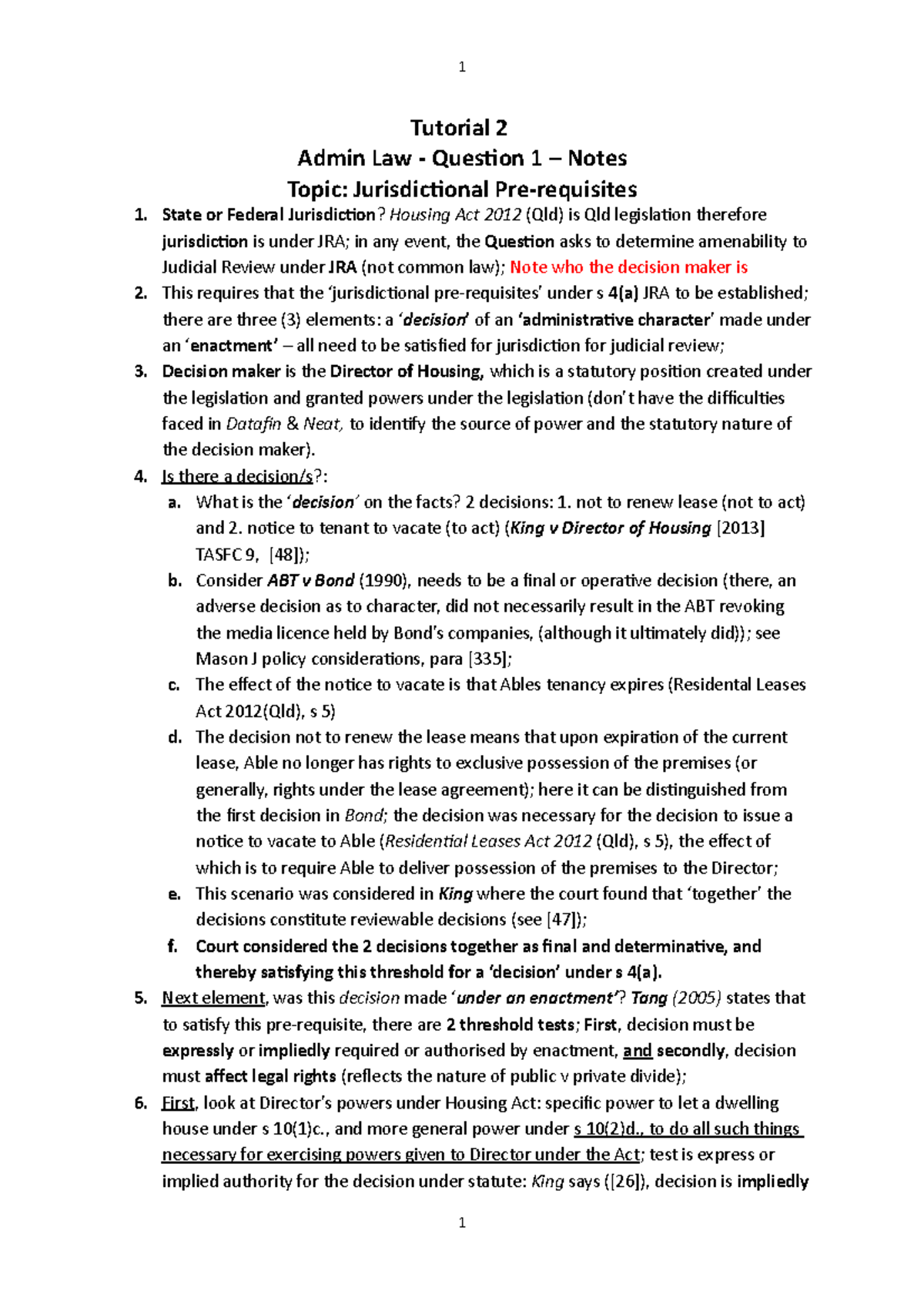 Week 4 tutorial 2 Q1 answer - 1 Tutorial 2 Admin Law - Question 1 ...