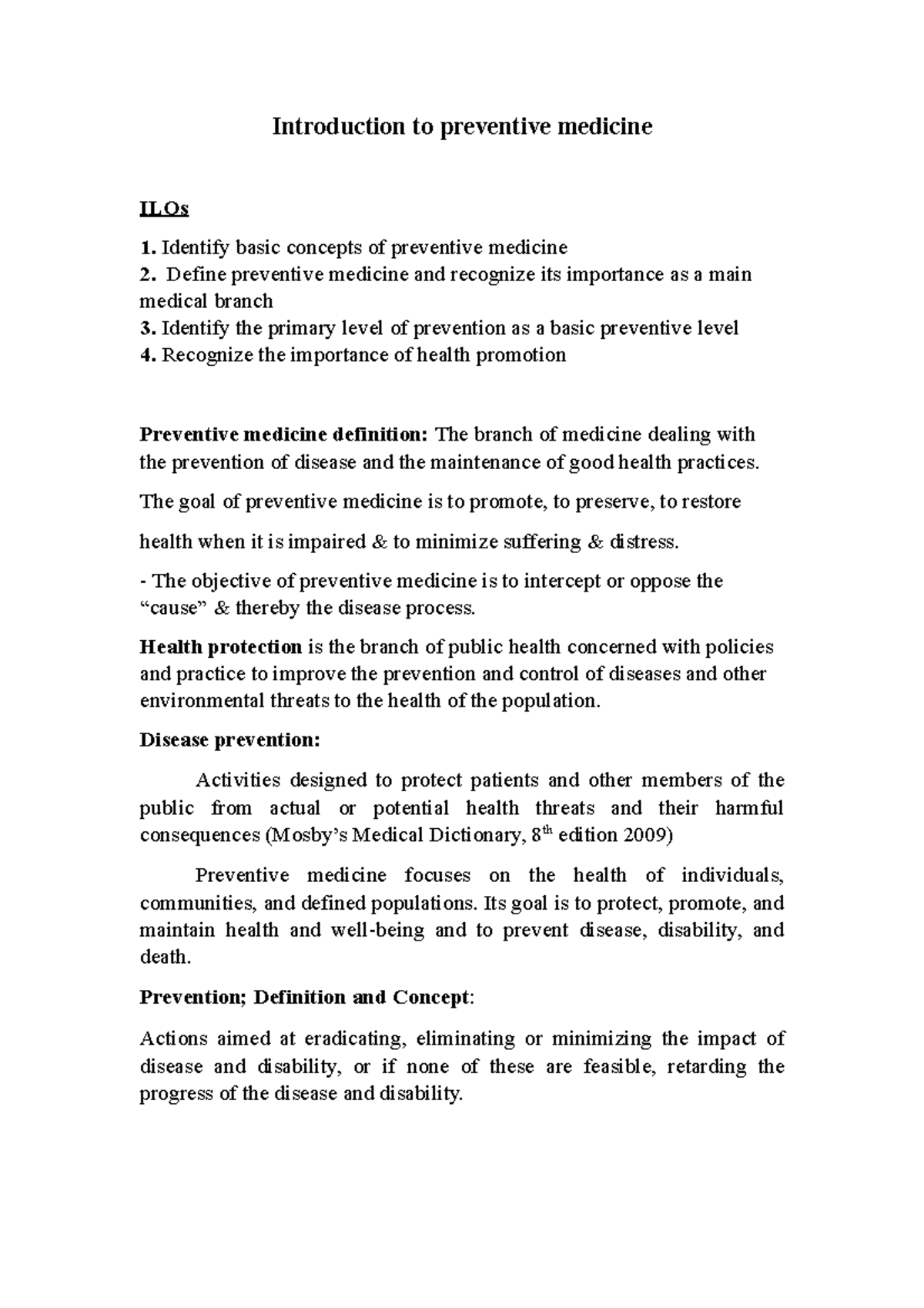 Preventive medicine 1 - Introduction to preventive medicine ILOs 1 ...