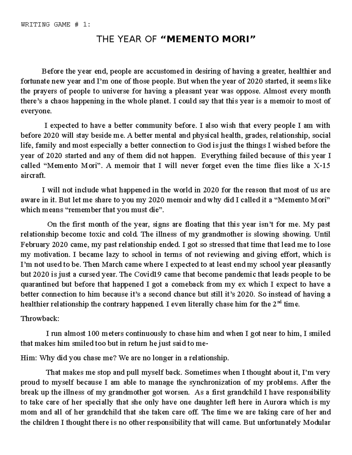 The year of memento morie - WRITING GAME # 1: THE YEAR OF “MEMENTO MORI ...