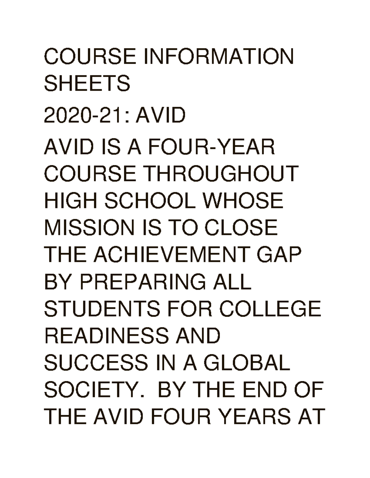 Course Information Sheet 1 - COURSE INFORMATION SHEETS 2020-21: AVID ...