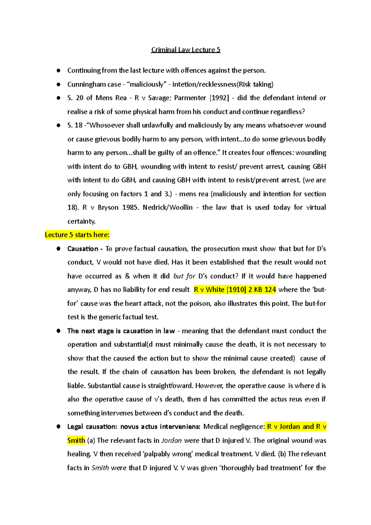 Criminal Law Lecture 5 - Cunningham case - “maliciously” - intetion ...