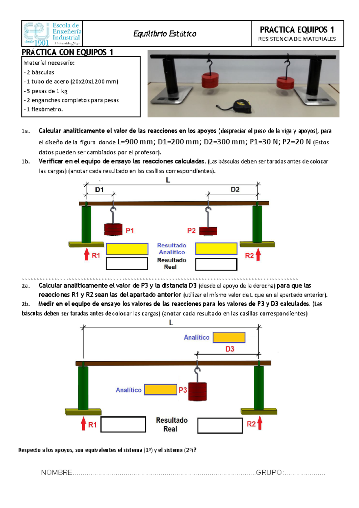 Practica 01. Equilibrio estatico. Practica con equipos - Equilibrio Estático PRACTICA EQUIPOS 1 ...