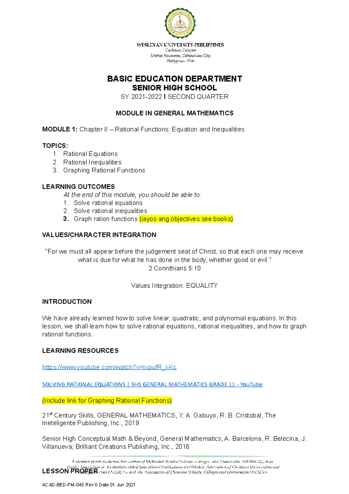 Module - Rational Equations and Inequalities - BASIC EDUCATION ...