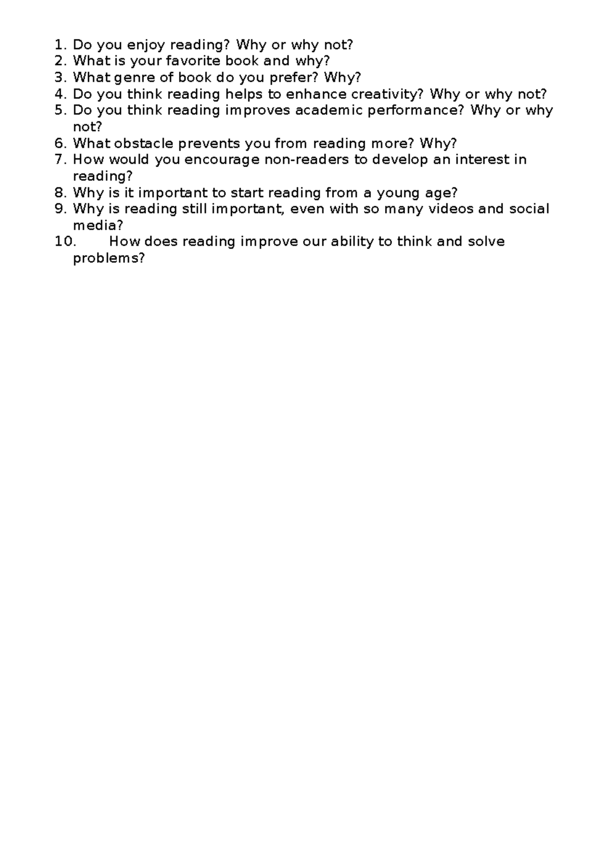 Q and A - Sample for Quiz Bee - Do you enjoy reading? Why or why not ...