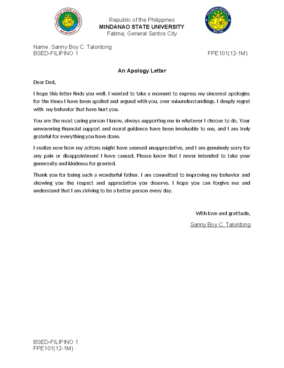 Sanny-Apology Letter - Sample - Republic of the Philippines MINDANAO ...