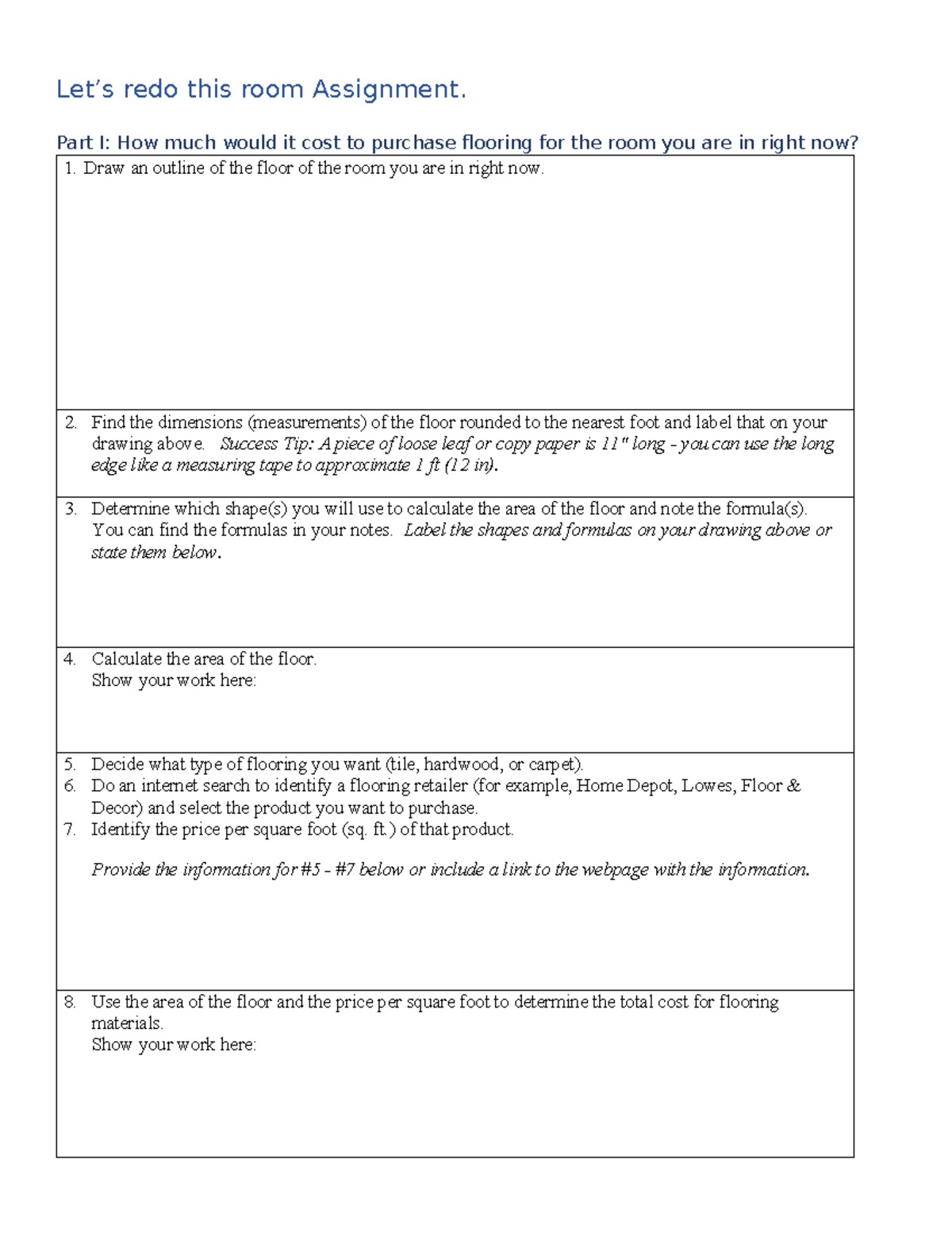 Geometry Worksheet - 123456 - Let’s redo this room Assignment. Part I ...