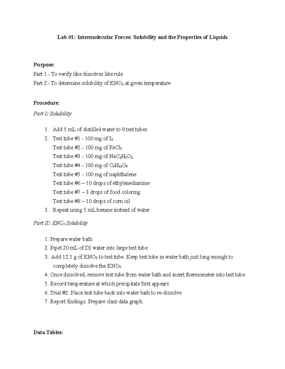 Lab1 - Lab 1 - Lab #1: Intermolecular Forces: Solubility and the ...