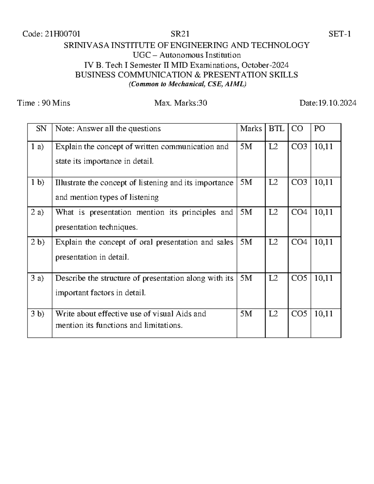 BCPS Mid-2 QP - It is a mid question - ss SN Note: Answer all the ...