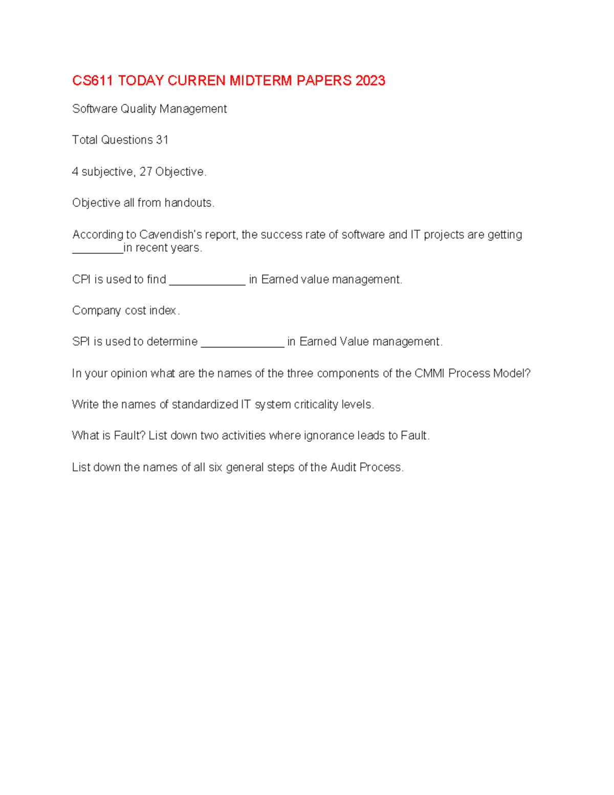 CS611 Midterm Papers - Bjggihgg - CS611 TODAY CURREN MIDTERM PAPERS ...