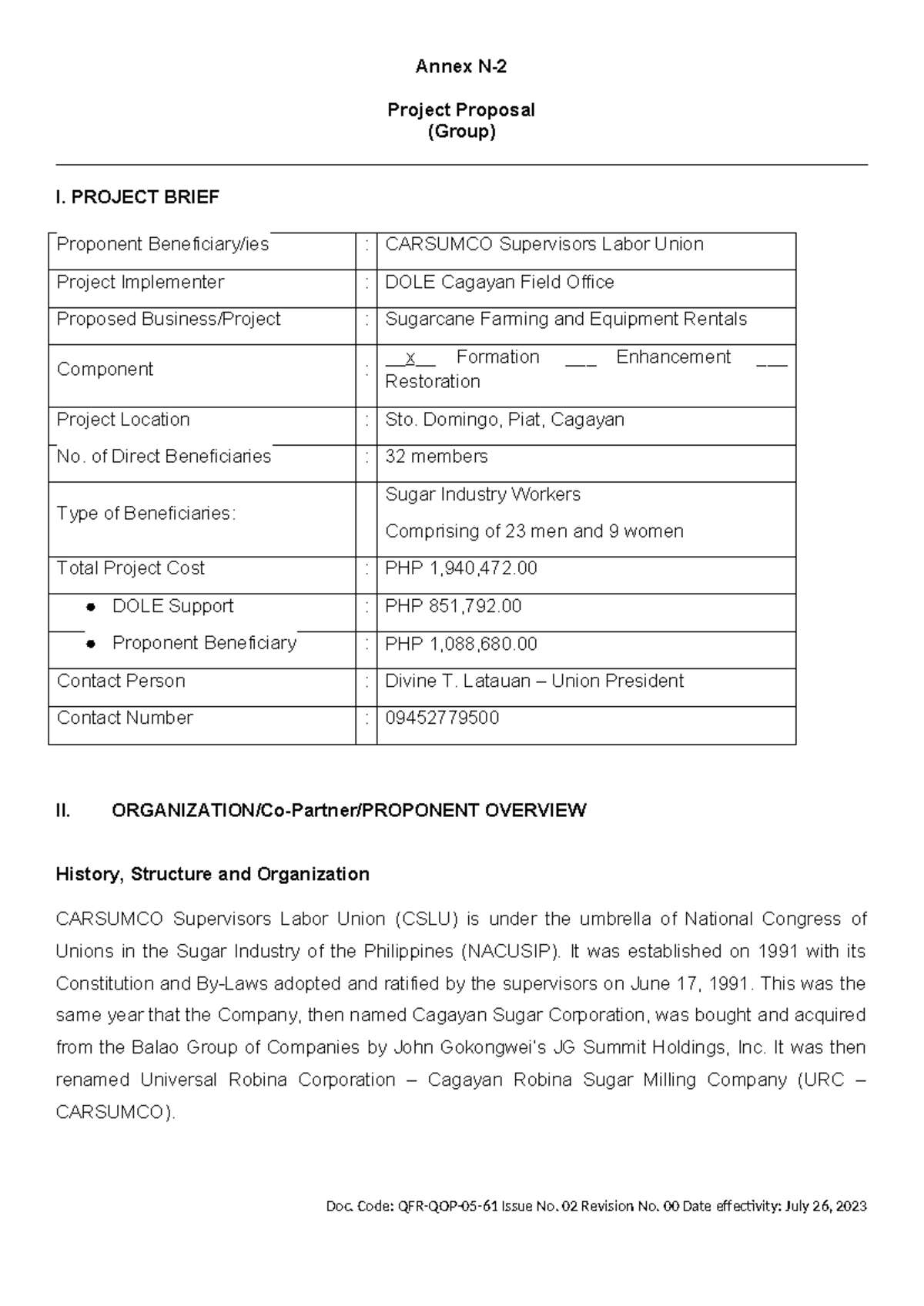 Project Proposal - Annex N- Project Proposal (Group) I. PROJECT BRIEF ...