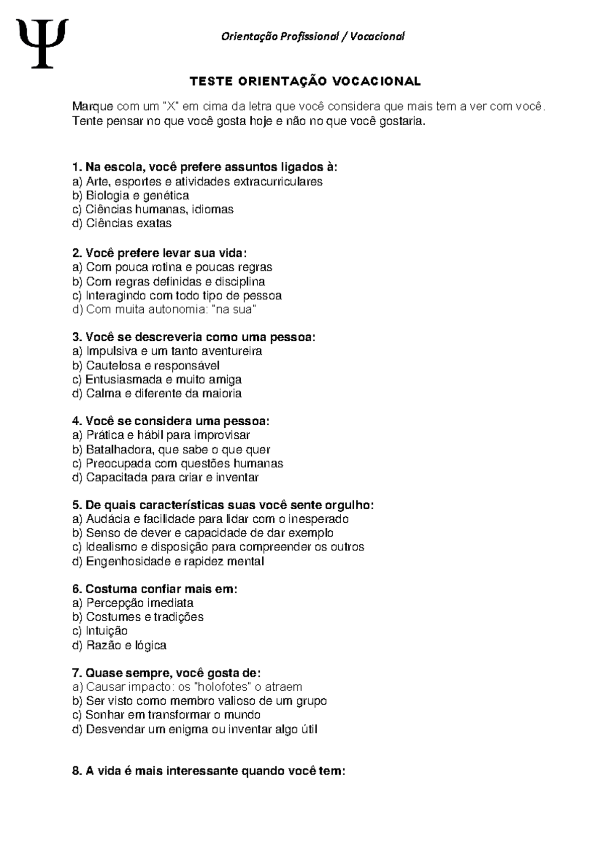 Teste Vocacional 4 - Orientação Profissional / Vocacional TESTE ...