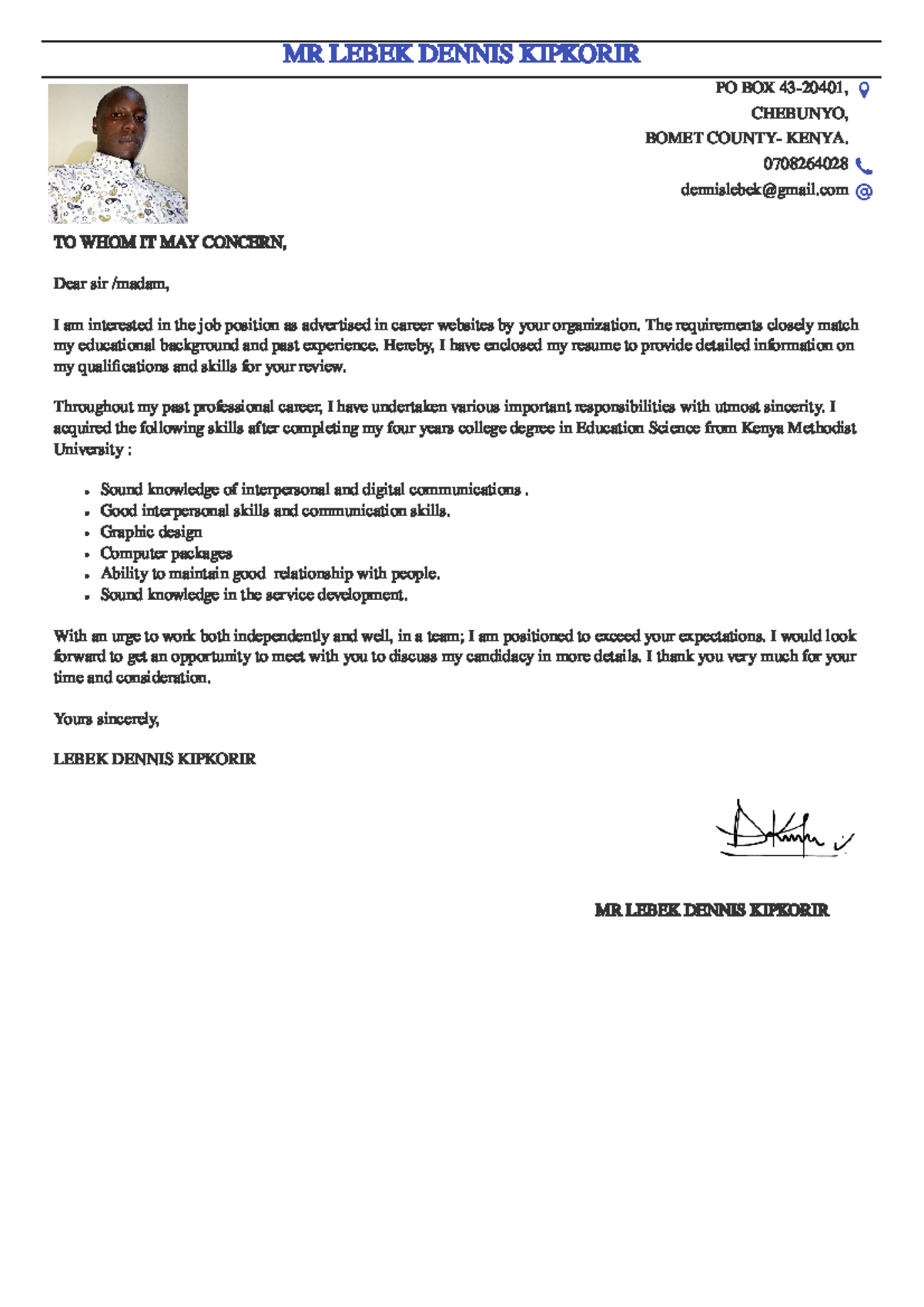 Professional cv - PO BOX 43-20401, CHEBUNYO, BOMET COUNTY- KENYA ...
