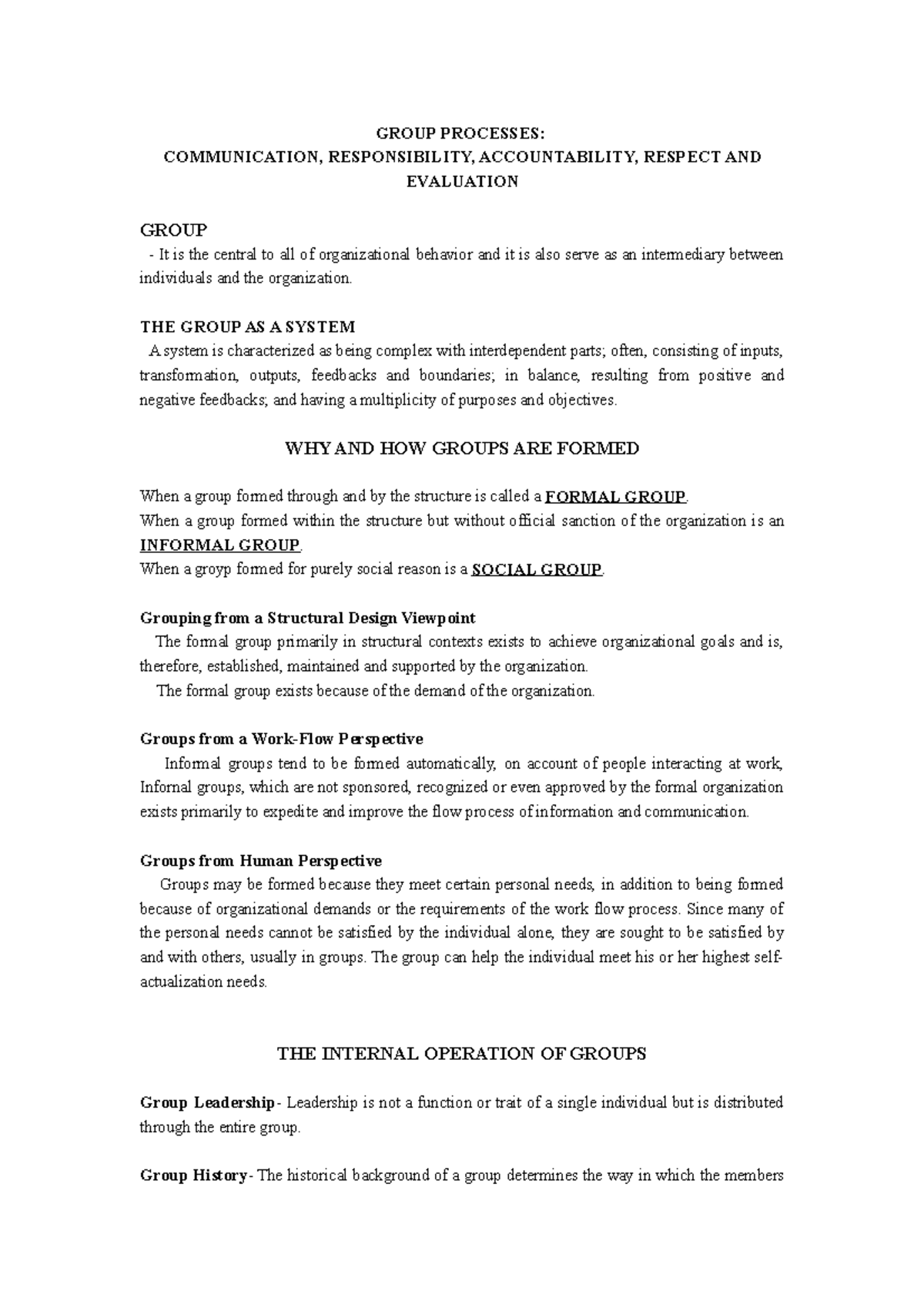 GROUP PROCESSES: COMMUNICATION, RESPONSIBILITY, ACCOUNTABILITY, RESPECT ...