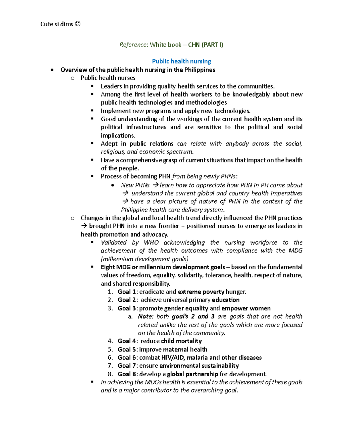 CHN - whitebook handouts (PART I) - Reference: White book – CHN (PART I) Public health nursing ...
