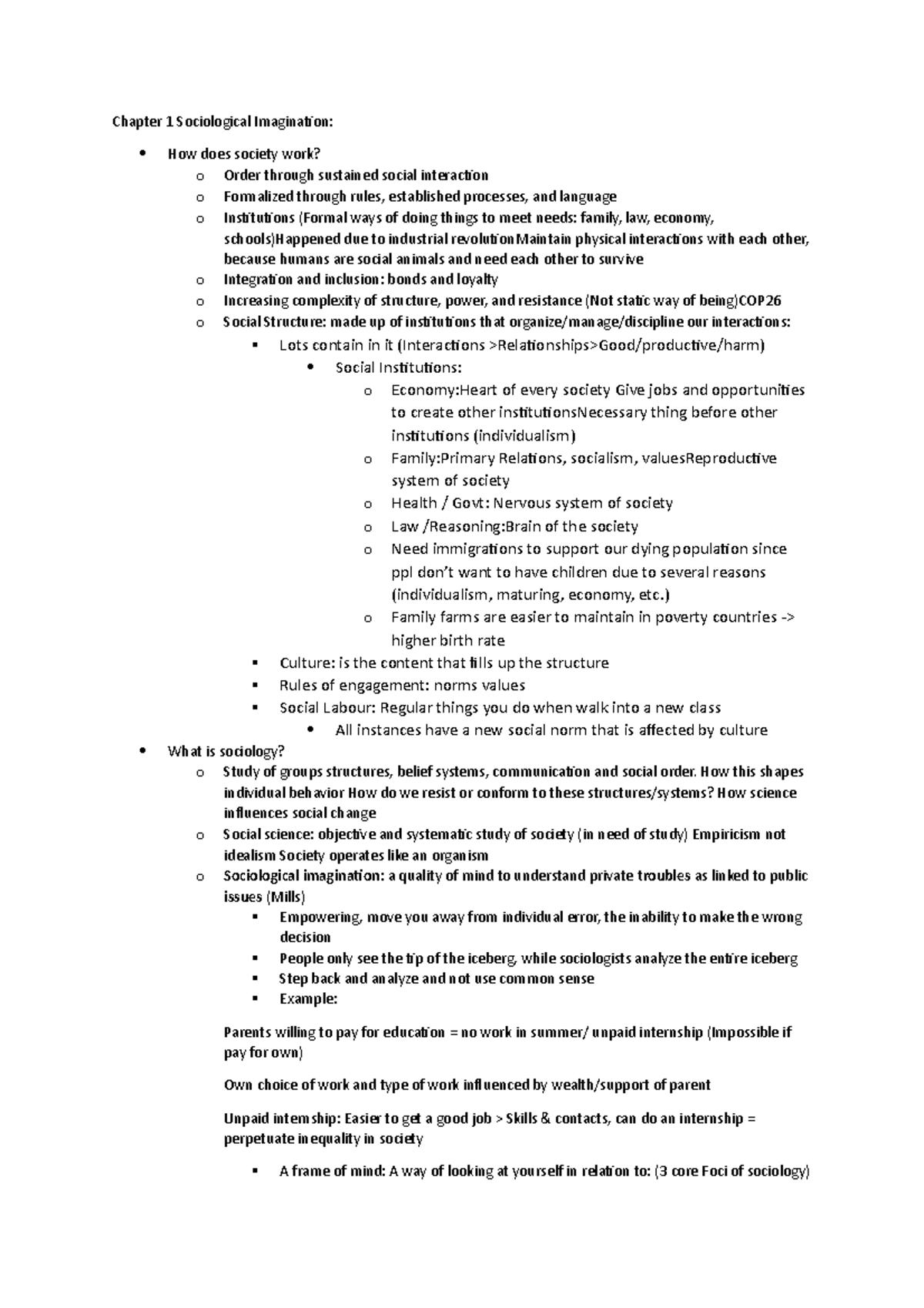 Intro to sociology 1021E Mid-term Test Summary - Chapter 1 Sociological ...
