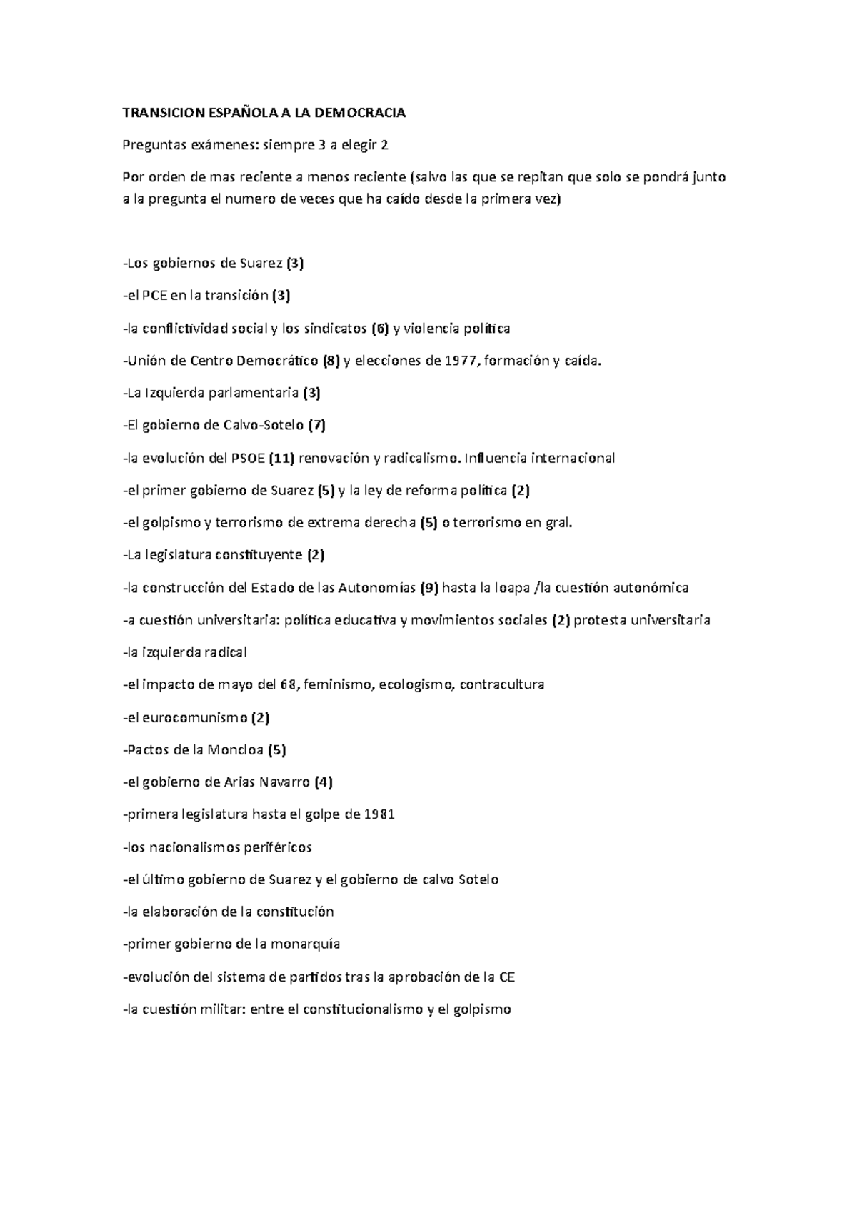 preguntas de examen de los ultimos años de Transicion a la Democracia ...