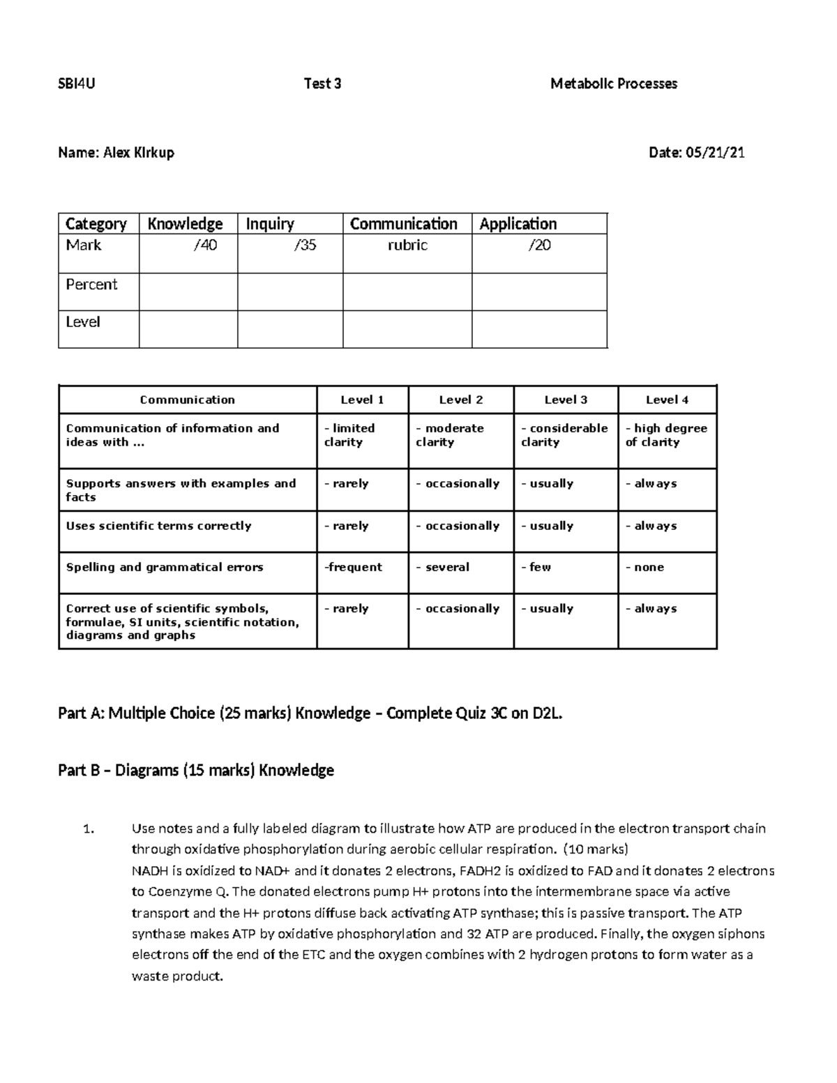 Test 3 - Metabolic Processes - SBI4U Test 3 Metabolic Processes Name ...