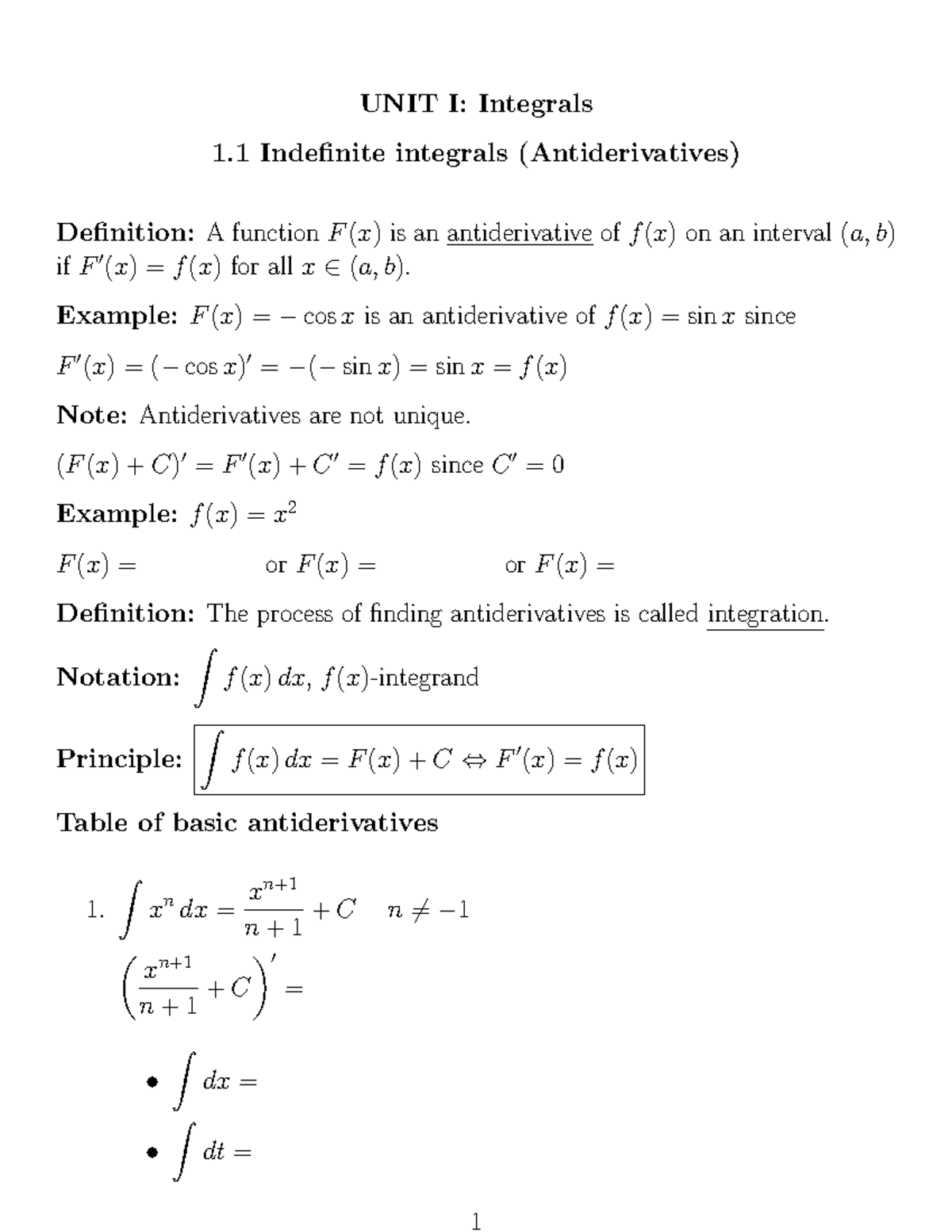M1001-Unit1 - Lecture notes 1 - UNIT I: Integrals 1 Indefinite ...