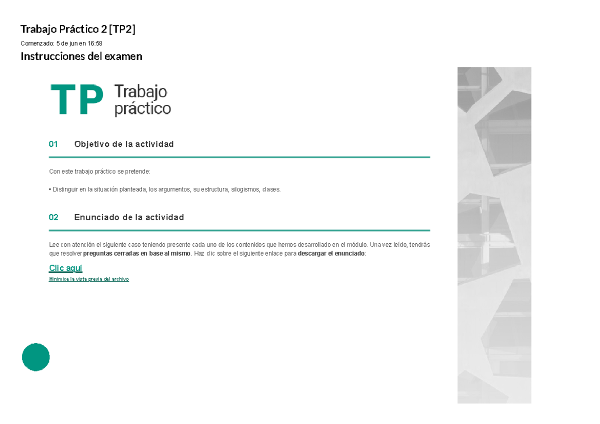 Examen Trabajo Practico 2 TP 95 % - Trabajo Práctico 2 [TP2] Comenzado ...