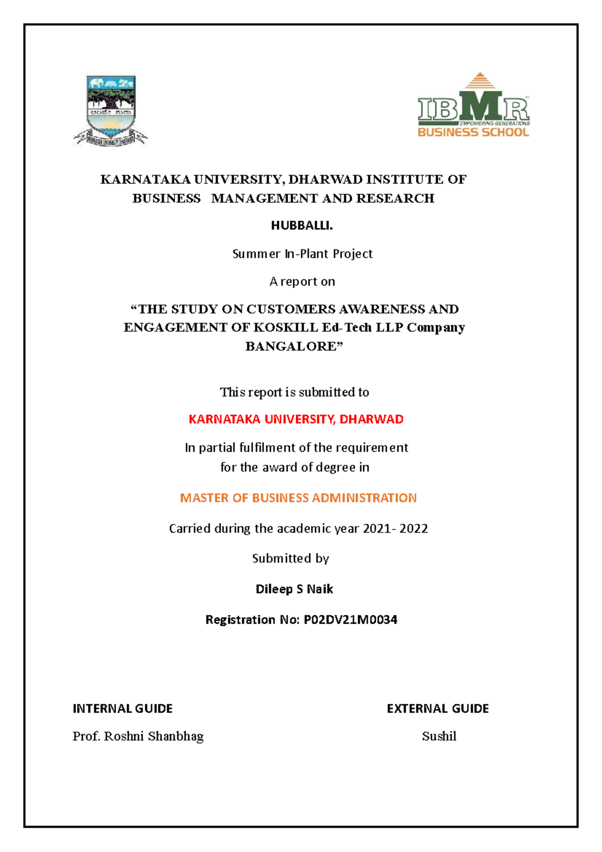 SIP Final P - KARNATAKA UNIVERSITY, DHARWAD INSTITUTE OF BUSINESS ...