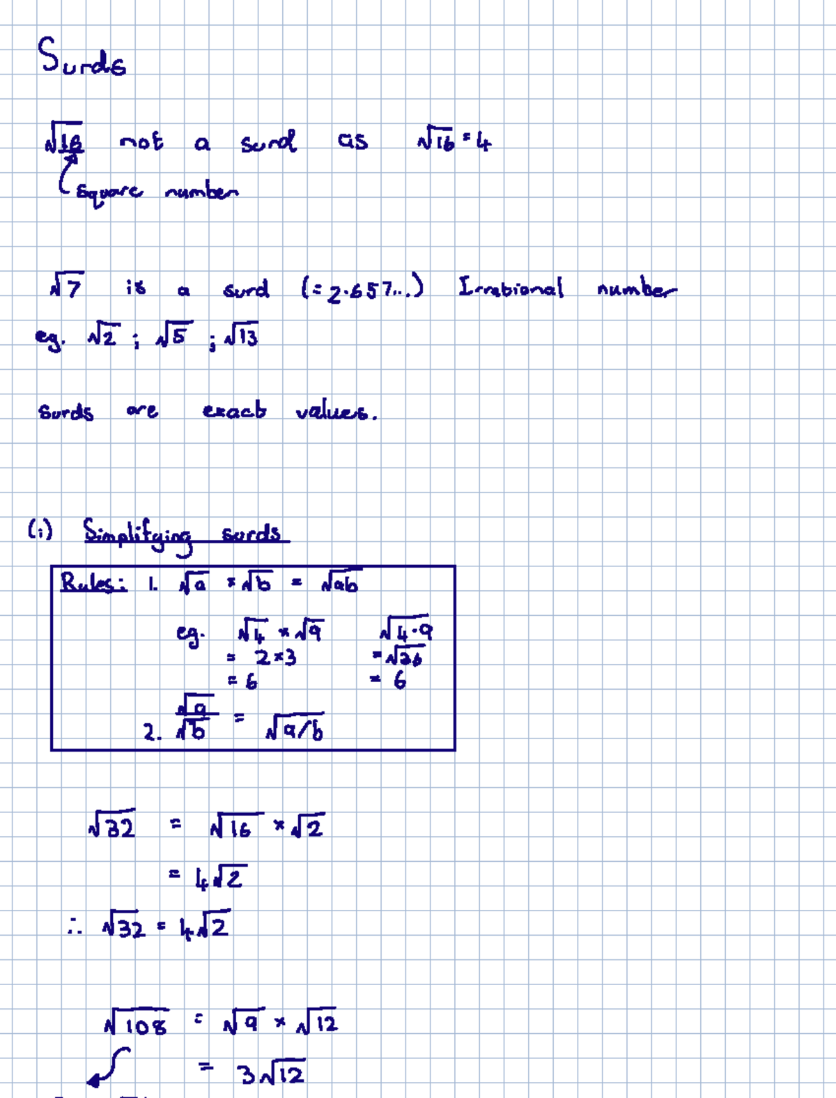 First lesson Surds - Notes on the basic rules of surfs with examples ...