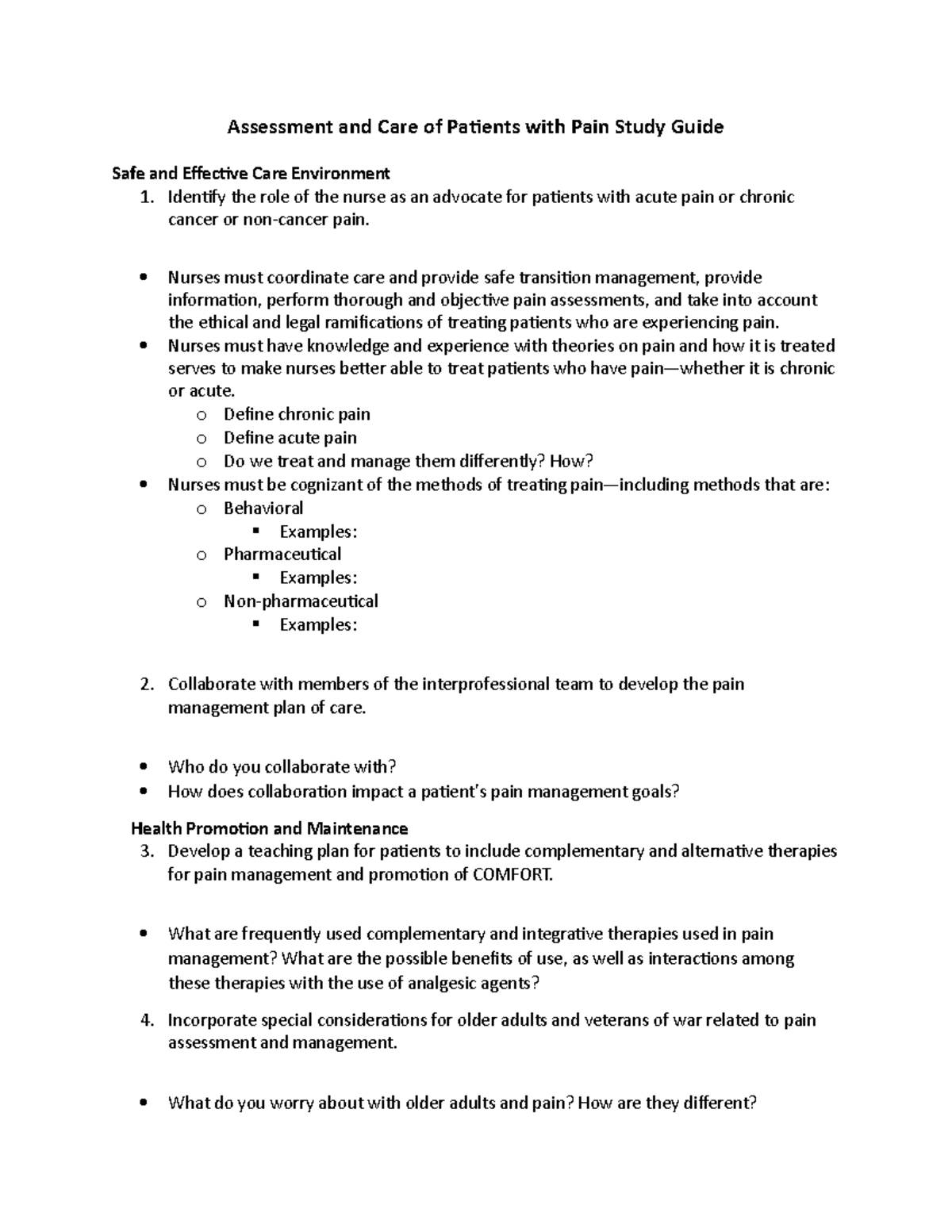 Assessment and Care of Patients with Pain Study Guide - Identify the ...