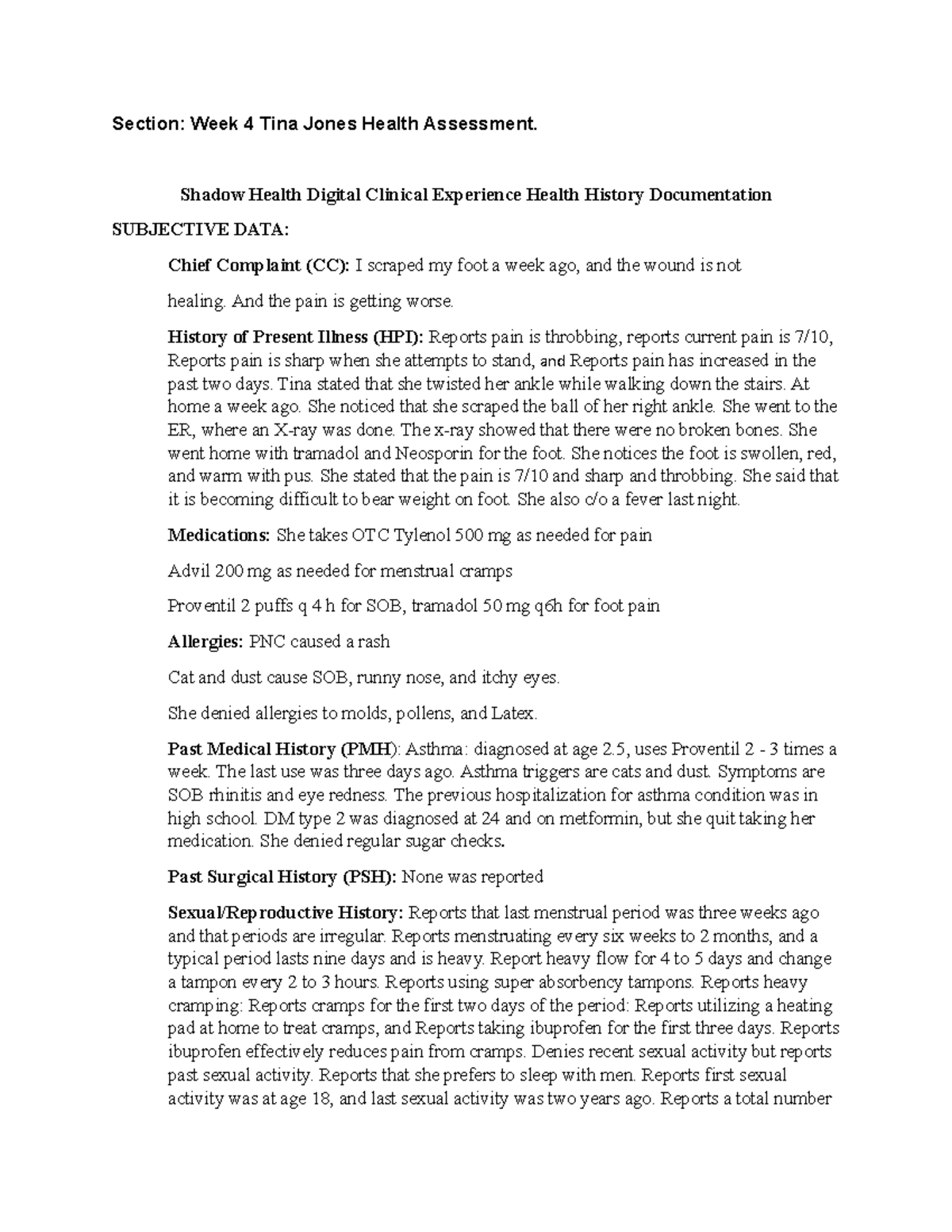 NURS 6512 week 4A - Assignment - Section: Week 4 Tina Jones Health ...