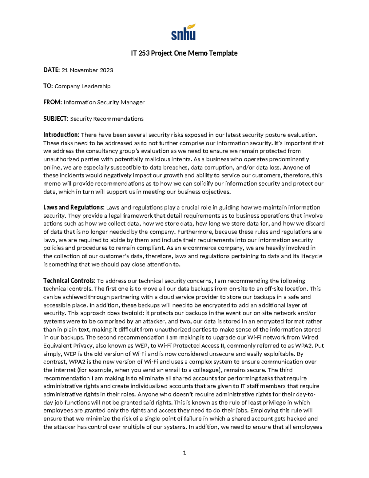 IT 253 Project One Memo - Received an A-. - IT 253 Project One Memo ...