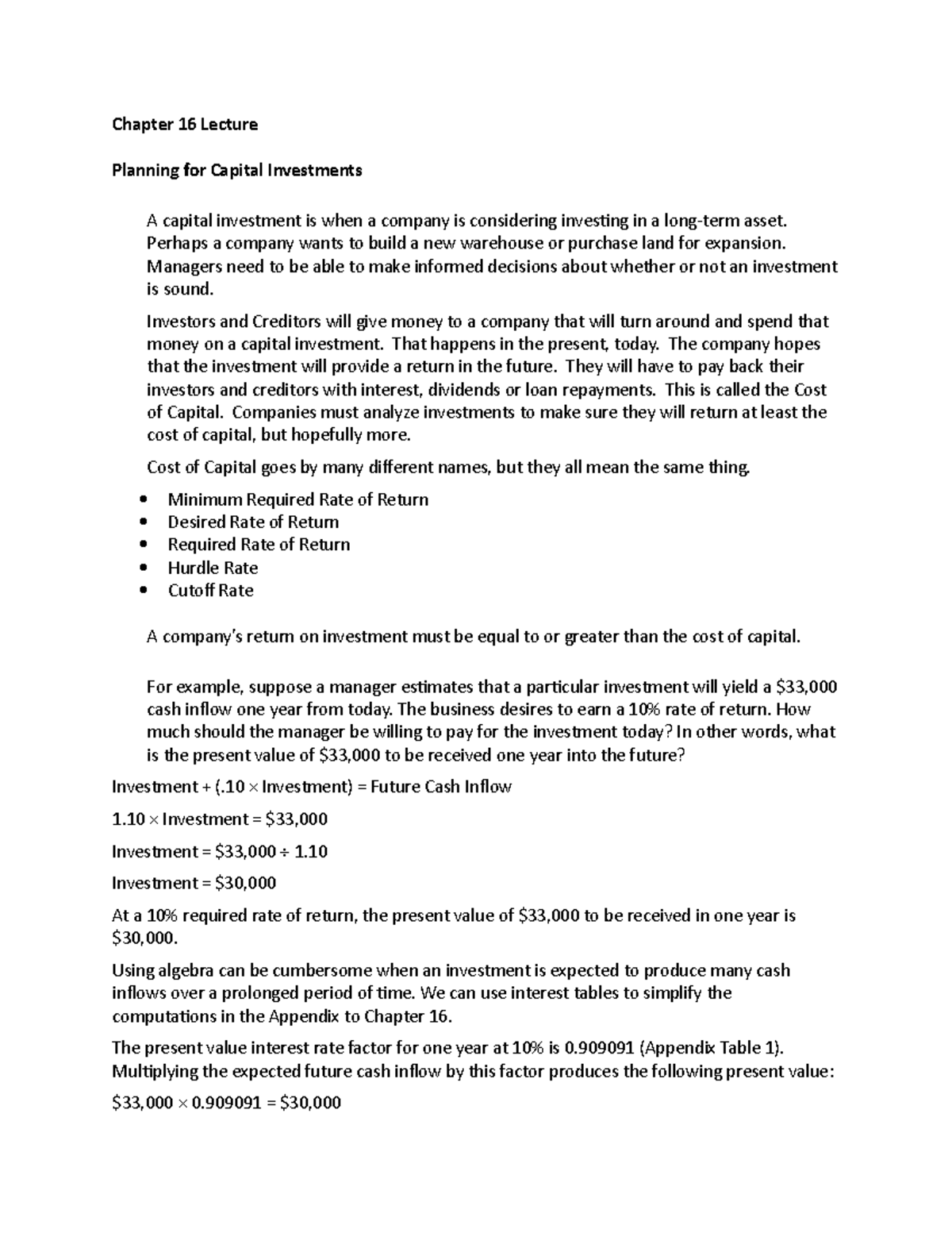 Chapter 16 Accounting Lecture Notes Planning For Capital Investments Chapter 16 Lecture