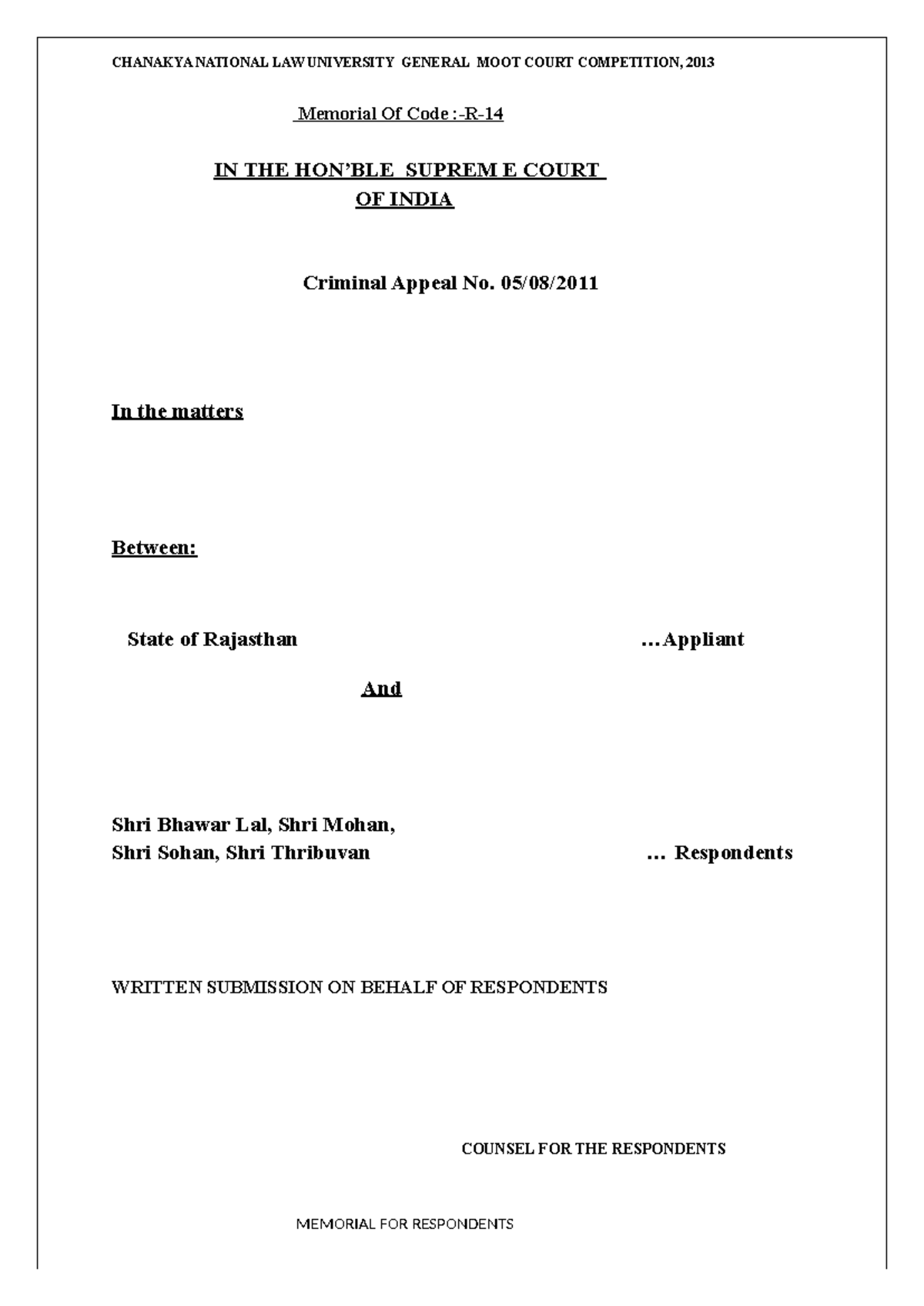 Moot Court Memorial - CHANAKYA NATIONAL LAW UNIVERSITY GENERAL MOOT ...