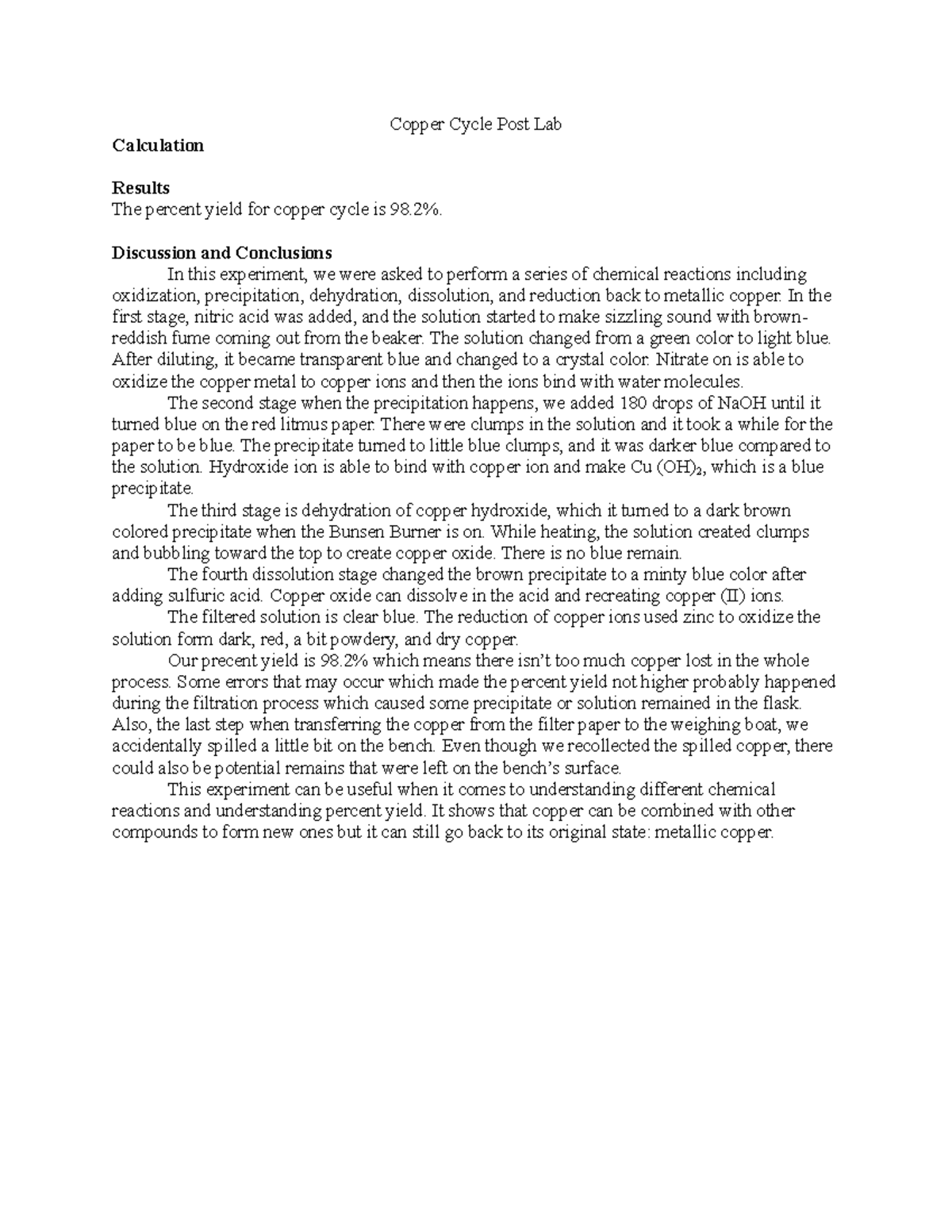 Copper Cycle Post lab - Copper Cycle Post Lab Calculation Results The ...