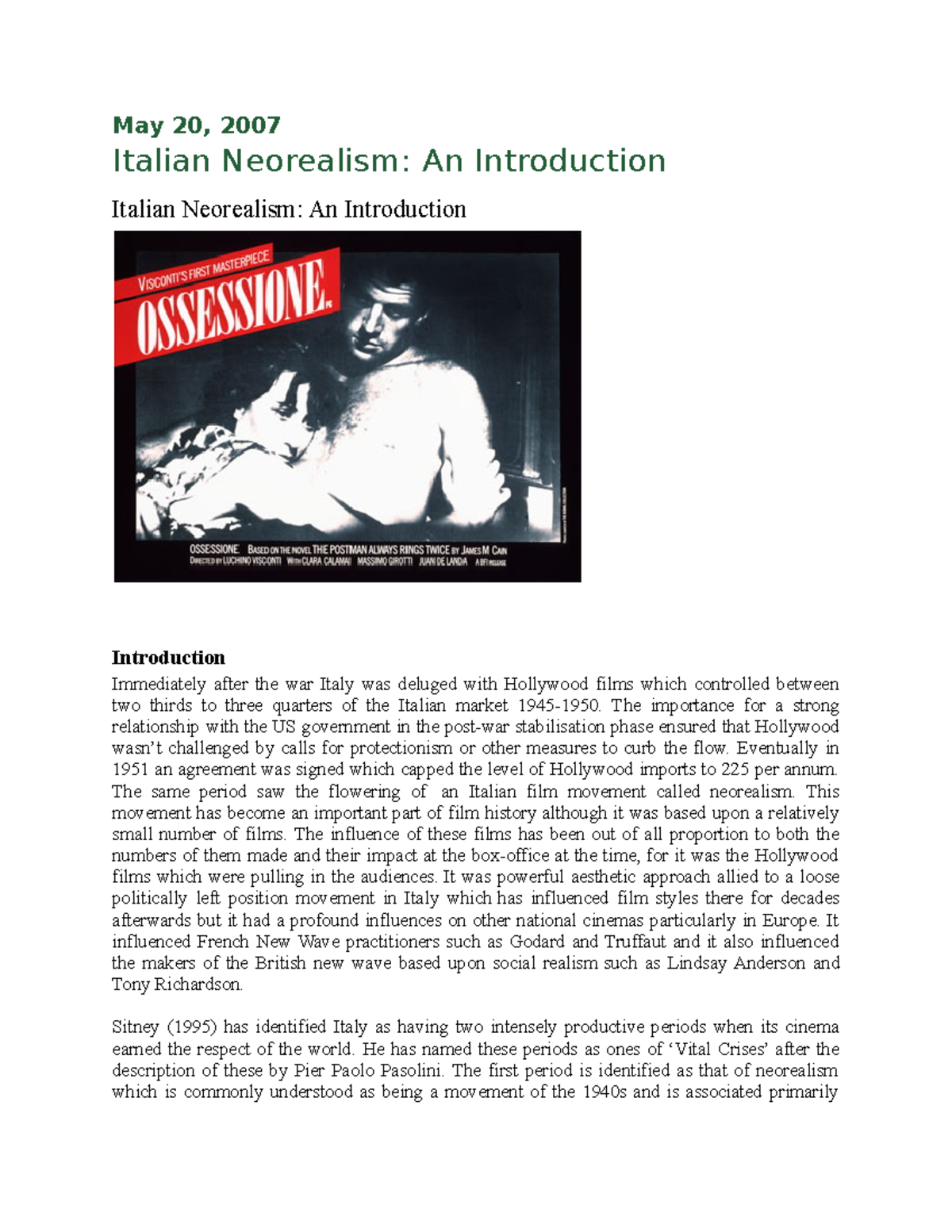 0 Neo Real Intro - May 20, 2007 Italian Neorealism: An Introduction ...