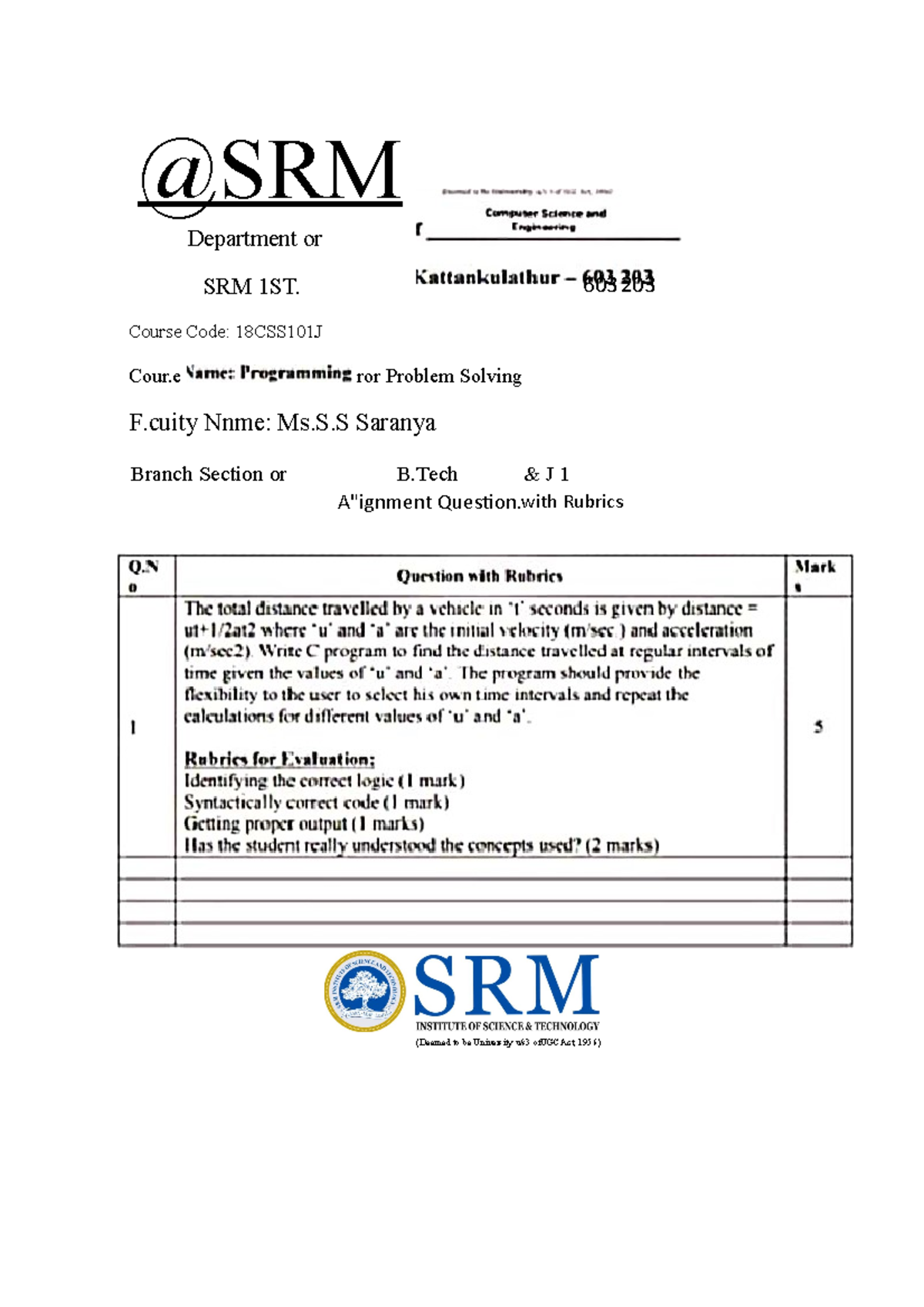 Parshva 725 clap4 - nil - @SRM Department or SRM 1ST. Course Code ...