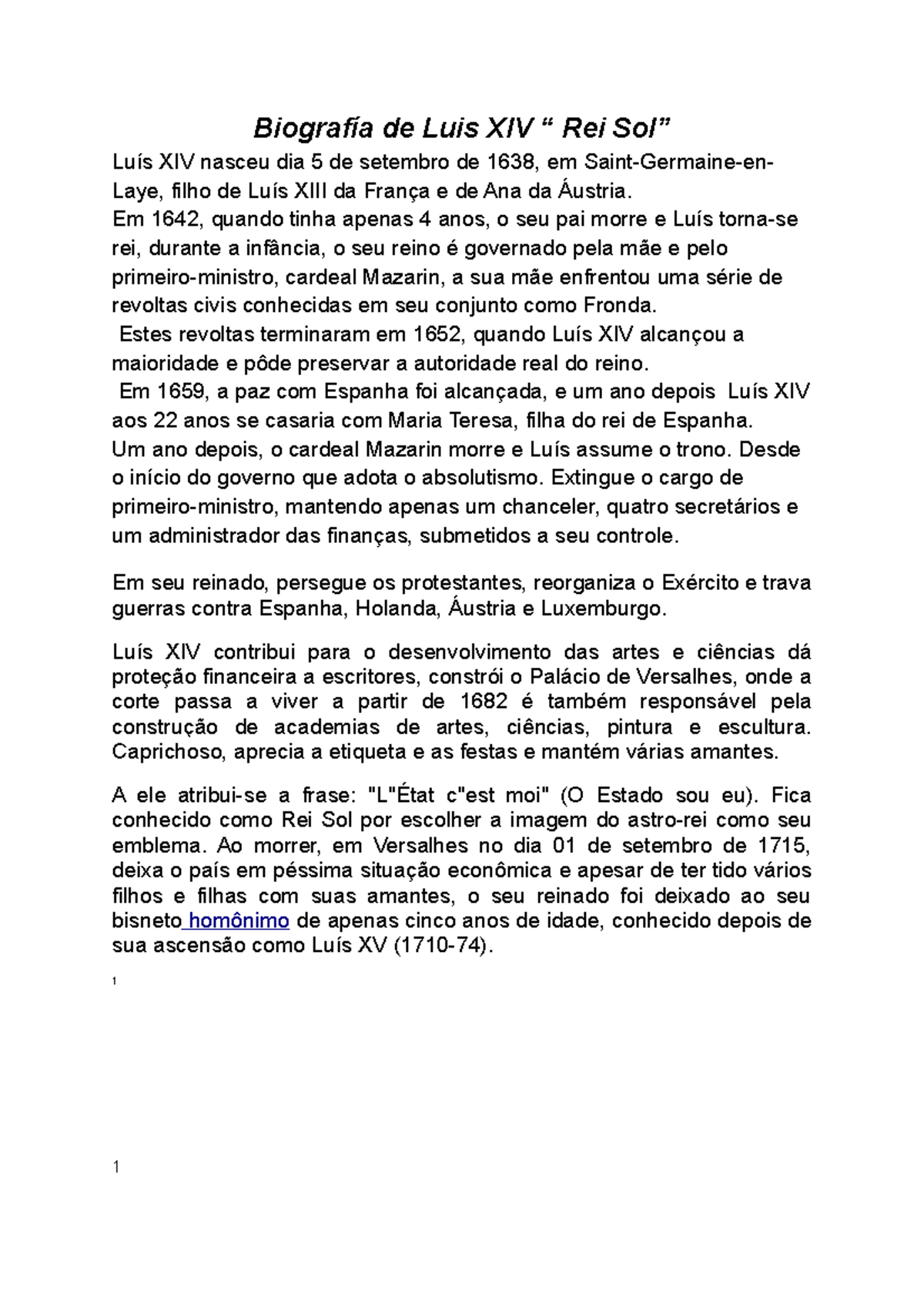 Biografía de Luis XIV “ Rei Sol” - Em 1642, quando tinha apenas 4 anos ...