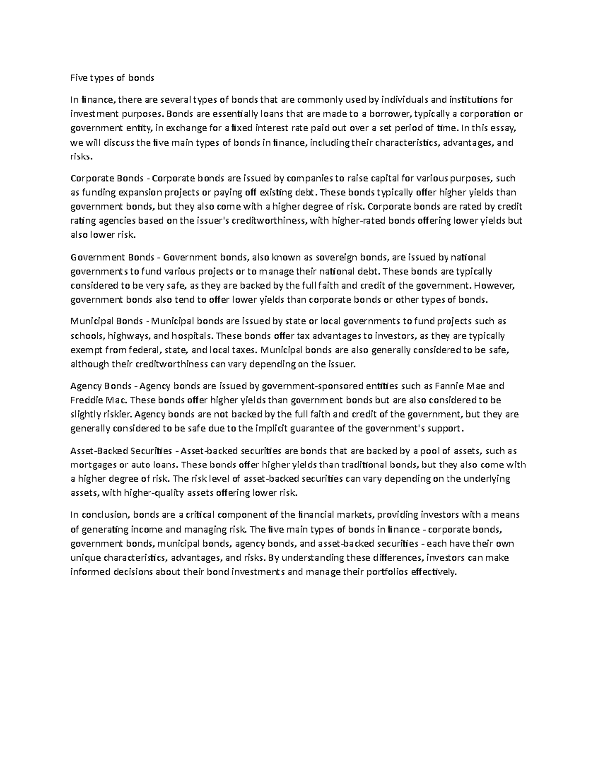 Studoc different types of bods - Five types of bonds In finance, there ...