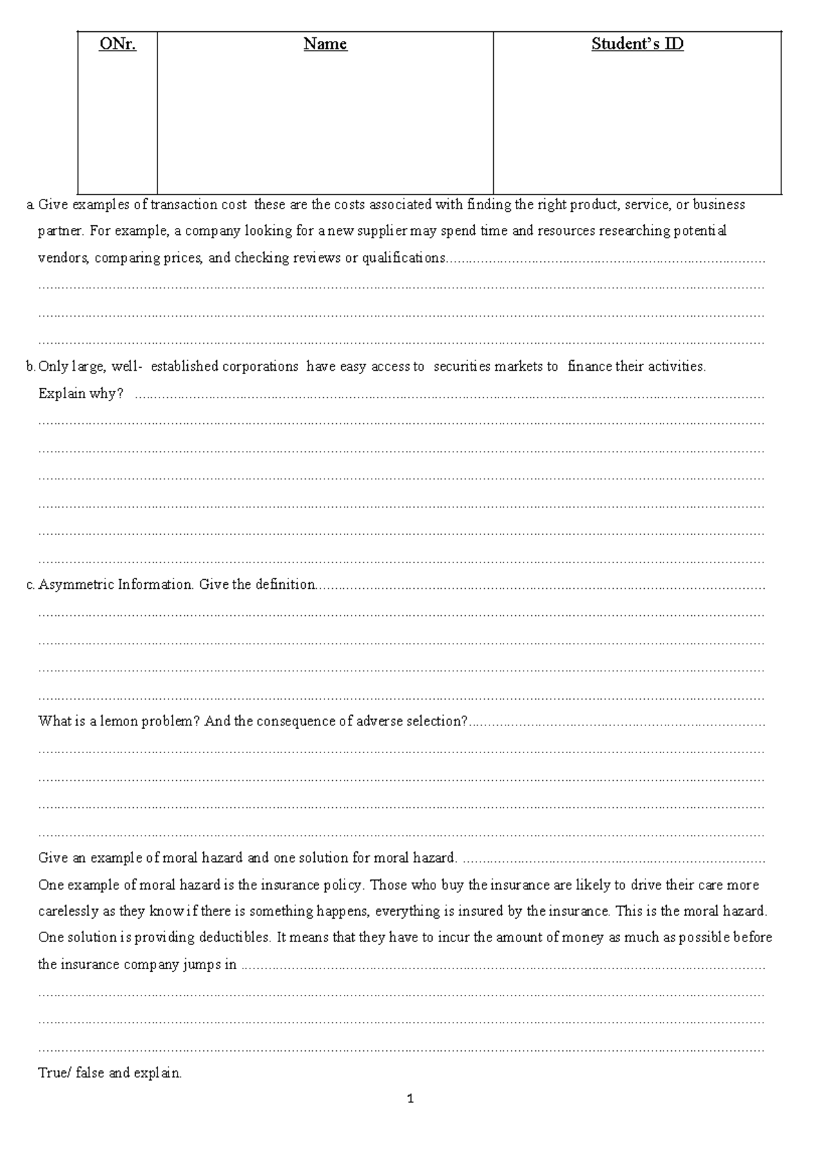Financial markets and institution - ONr. Name Student’s ID a. Give ...
