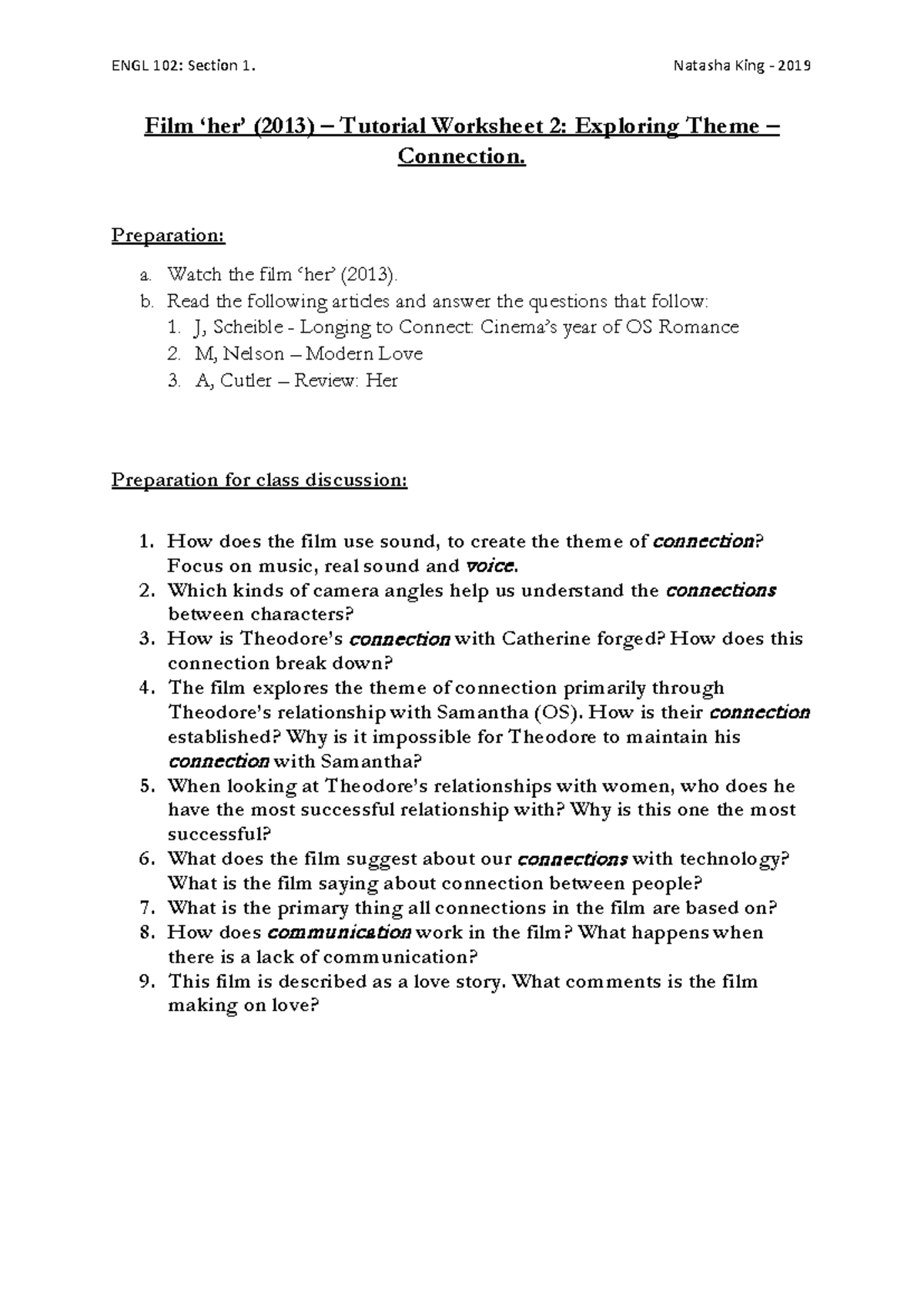 Her - Tutorial worksheet 2 - ENGL 102: Section 1. Natasha King - 2019 ...