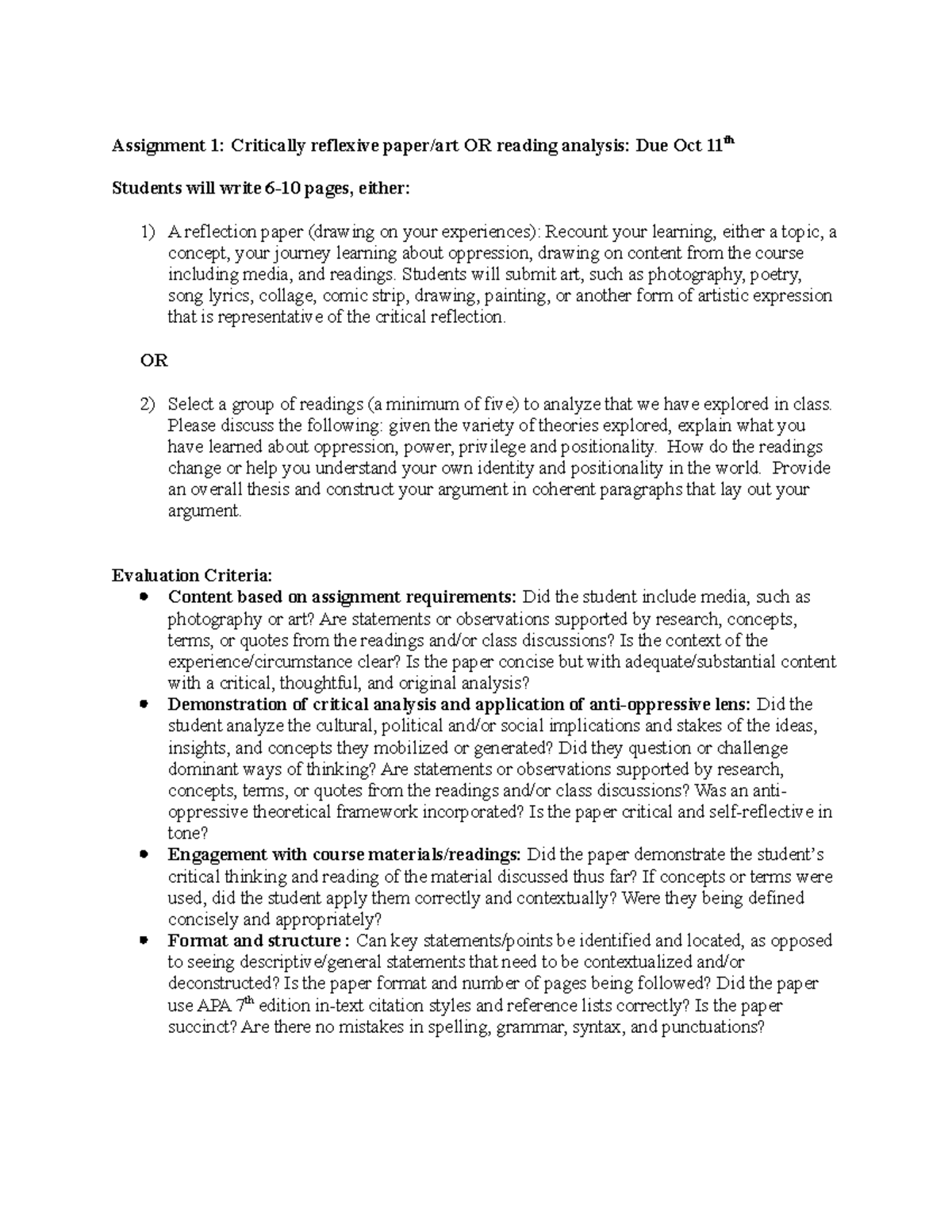 311 Assignment 1 Guidelines - Assignment 1: Critically reflexive paper/art OR reading analysis ...