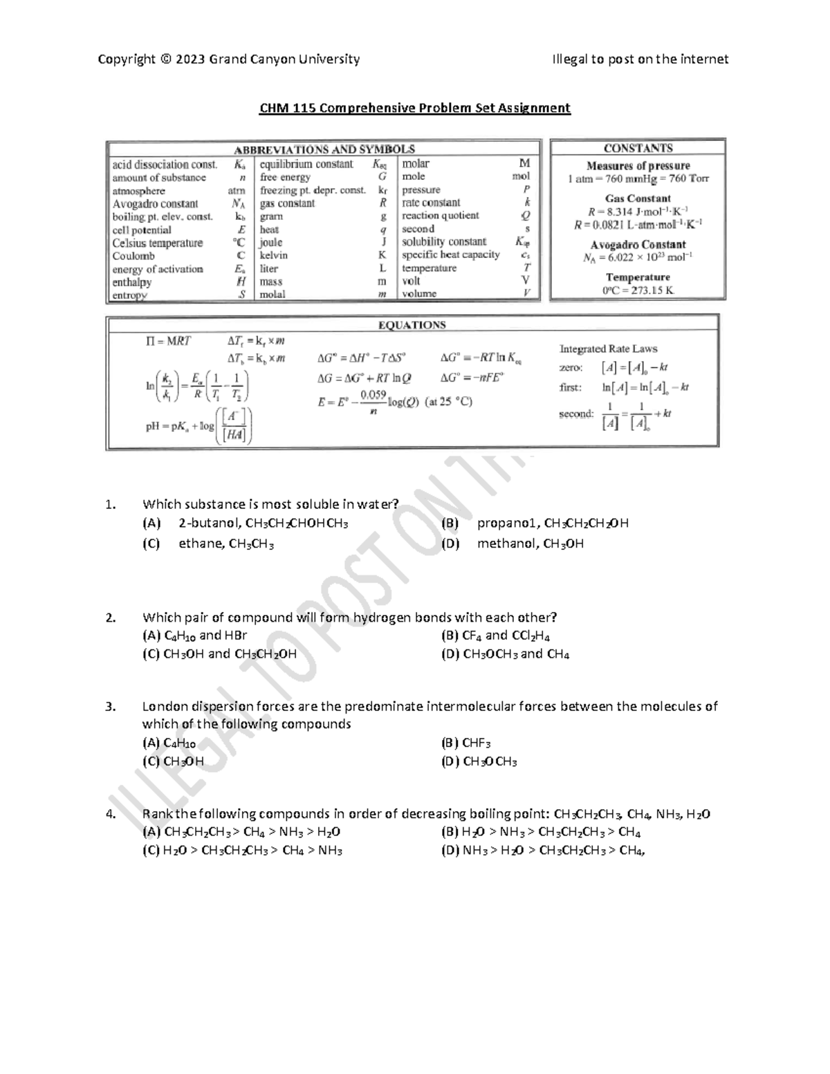 CHM115 Practice ACS Exam FA2023 - CHM 115 Comprehensive Problem Set ...