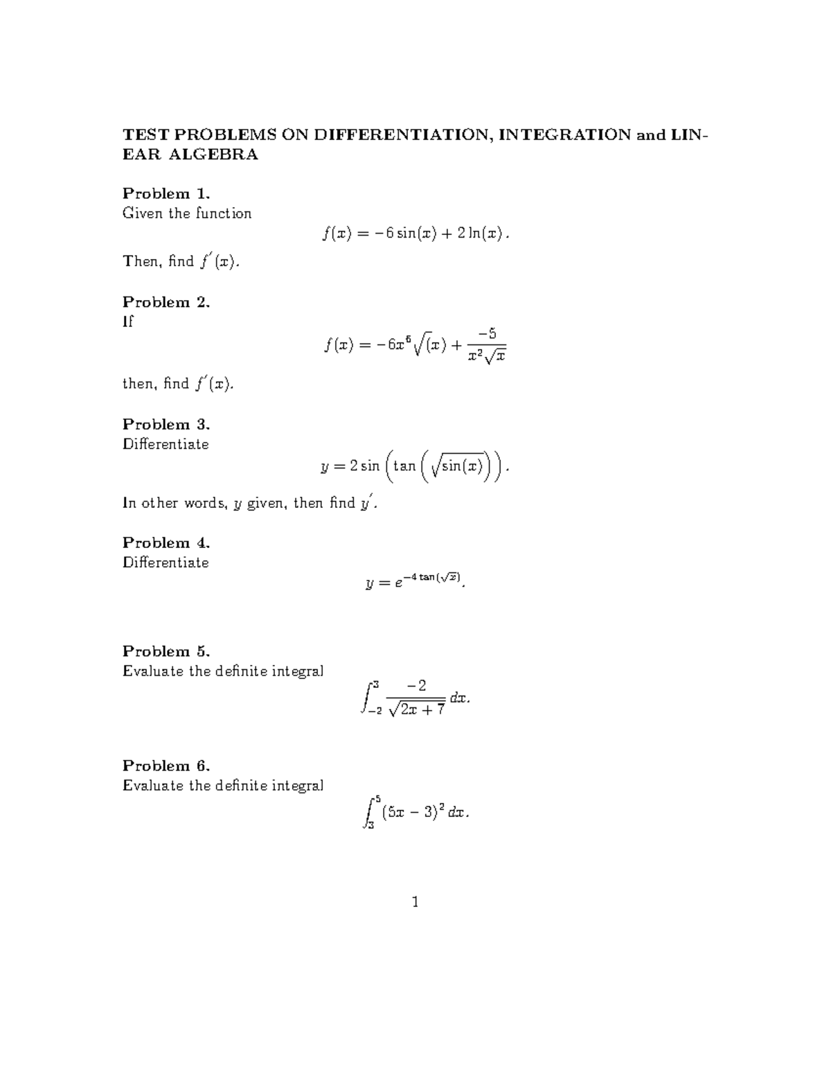 TEST Problems on Differentiation Integration and Linear Algebra - TEST ...
